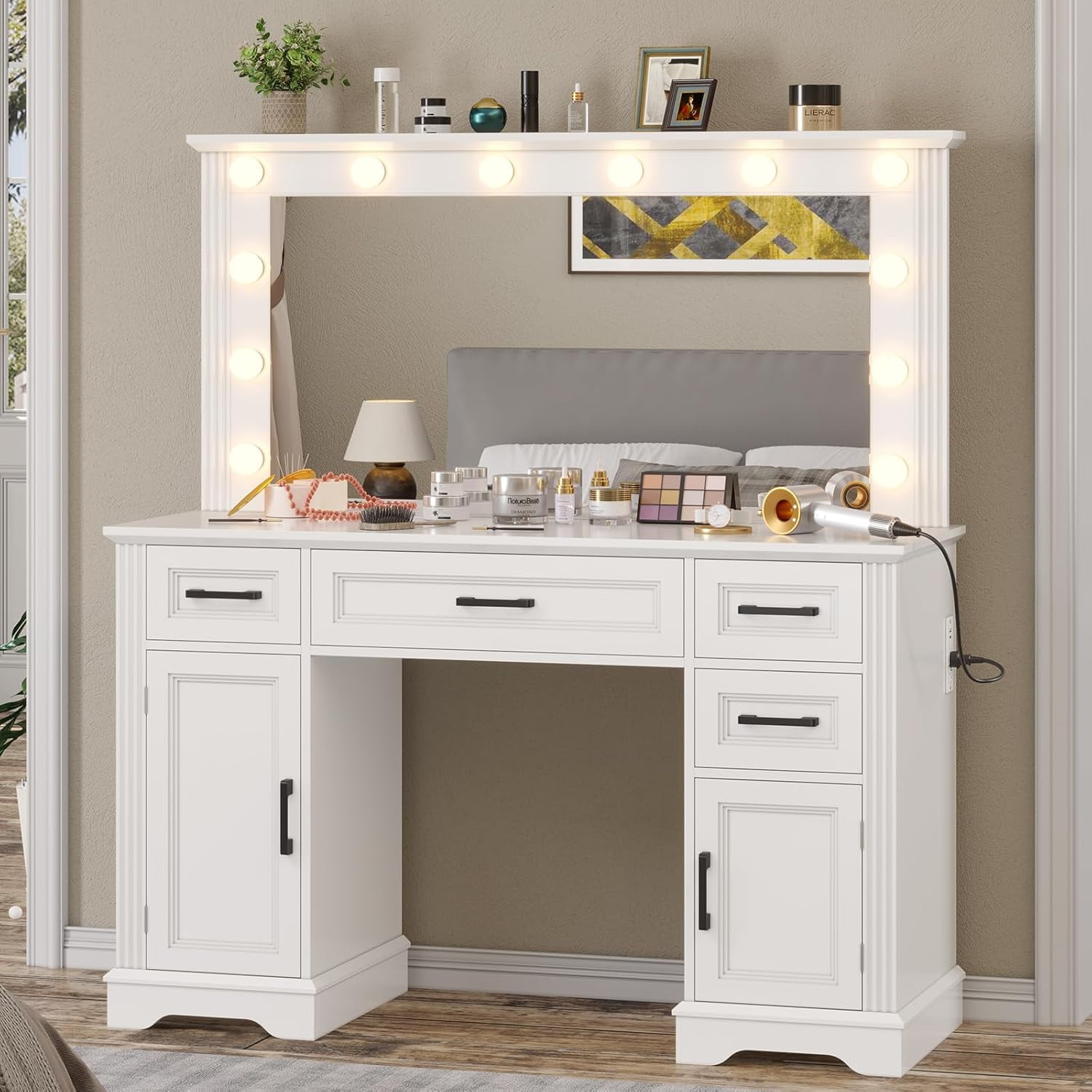 Vanity Desk with Large Mirror, 12 Hollywood Lights & Power Outlets ...
