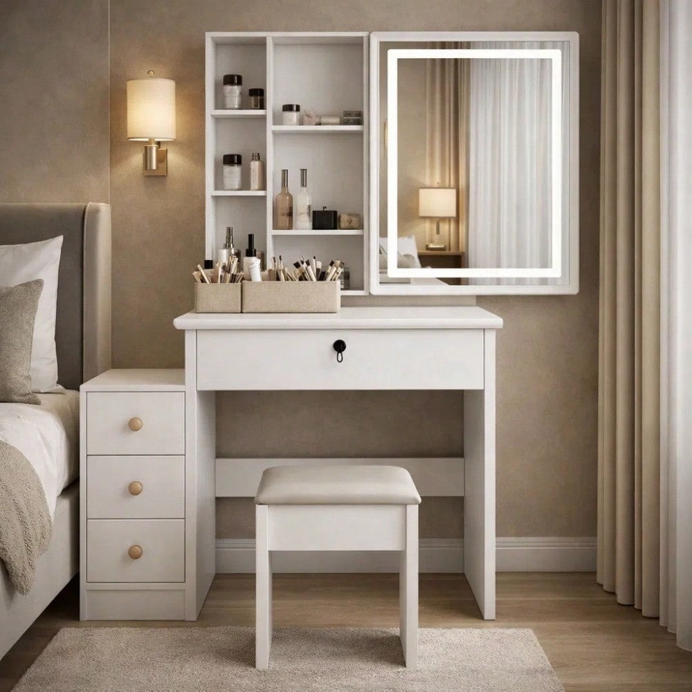 Vanity Desk with Lighted Mirror, 3 Color Light Modes Adjustable ...