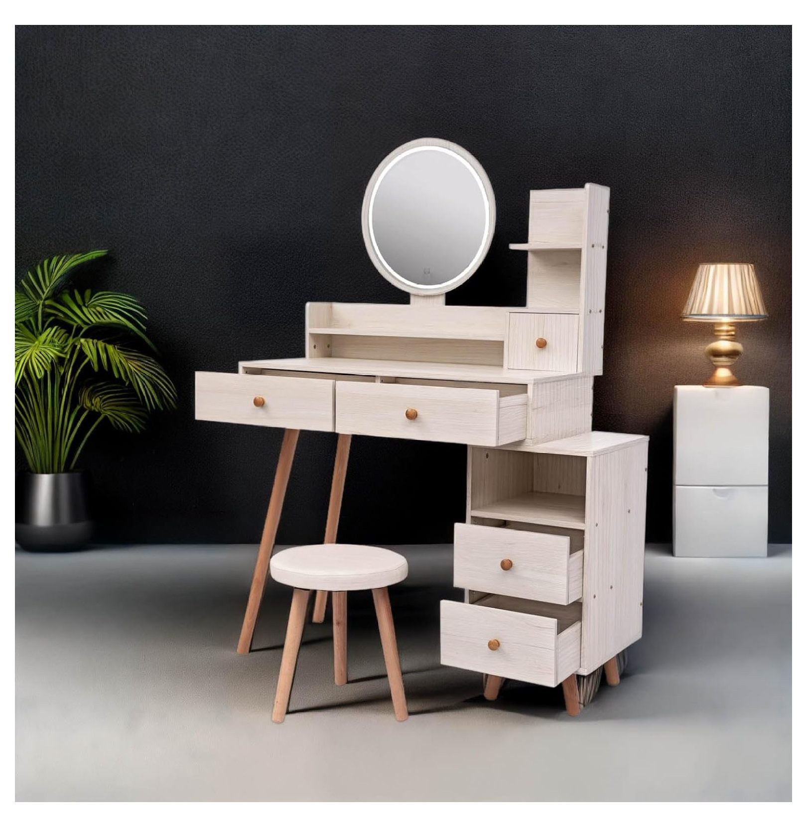 Vanity Desk with Lighted Mirror & Cushioned Stool,Makeup Vanity with ...
