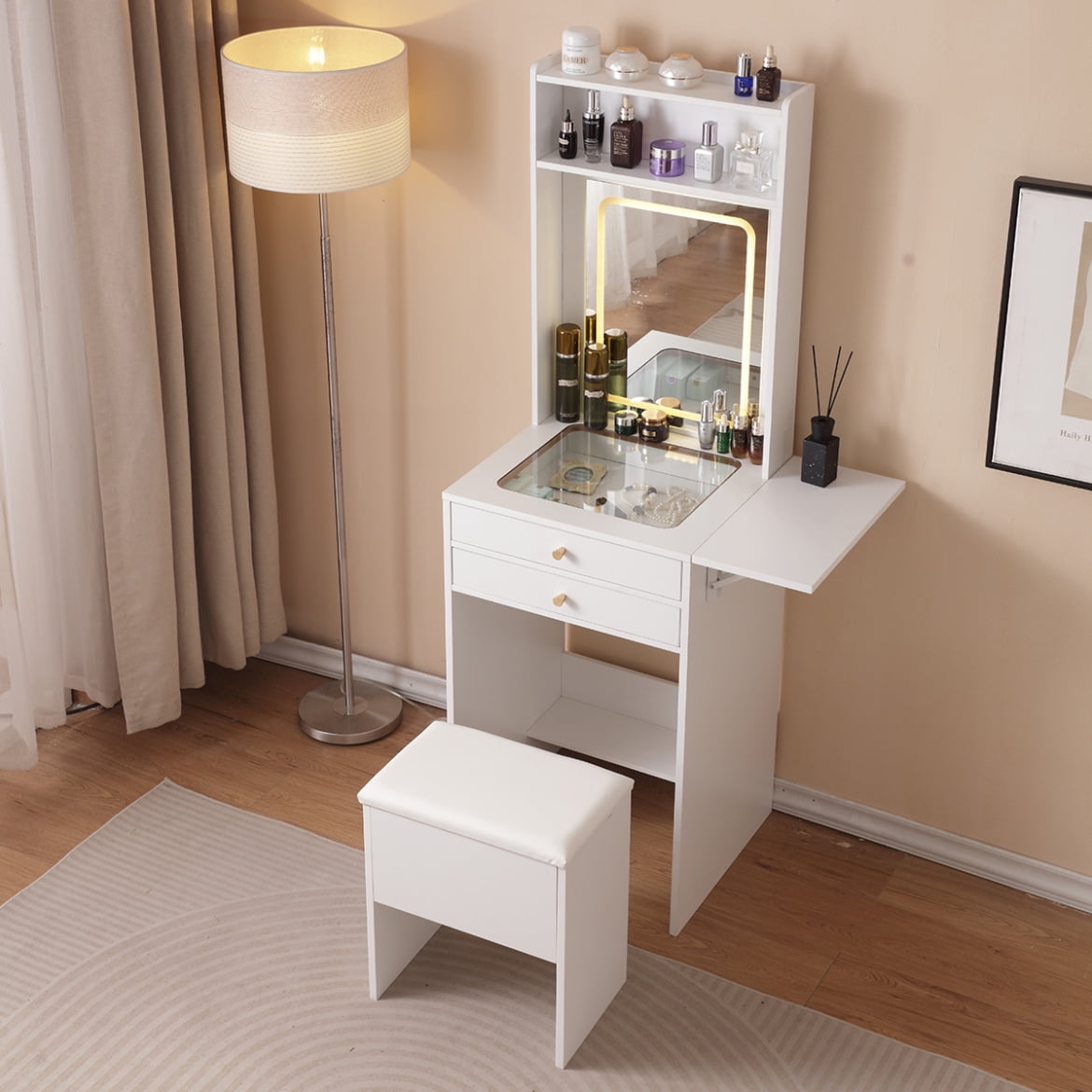 Vanity Desk with Lighted Mirror and Glass Top - Adjustable LED Makeup ...