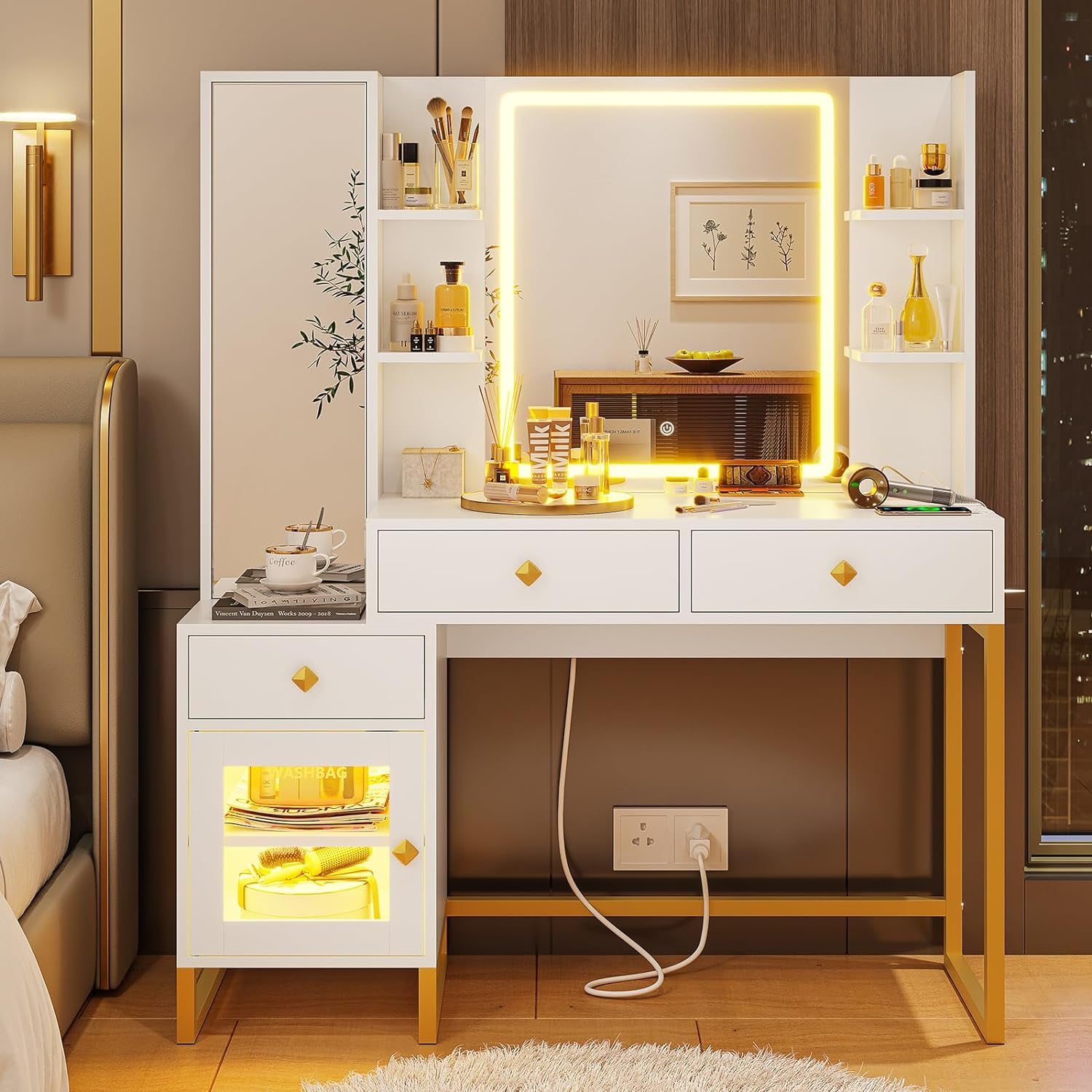 Vanity Desk with Lighted Mirror & Jewelry Storage, Makeup Vanity with ...