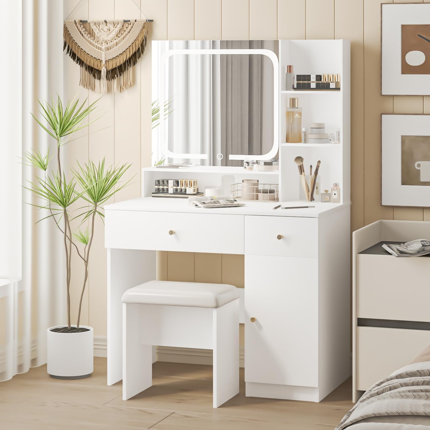 Vanity Desk with Lighted Mirror, Makeup Vanity Table, 3 Color Lighting ...