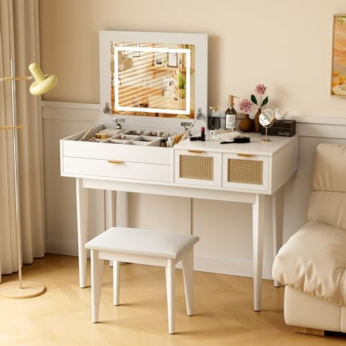 Vanity Desk with Lighted Mirror, Makeup Vanity with Flip-Top Mirror ...