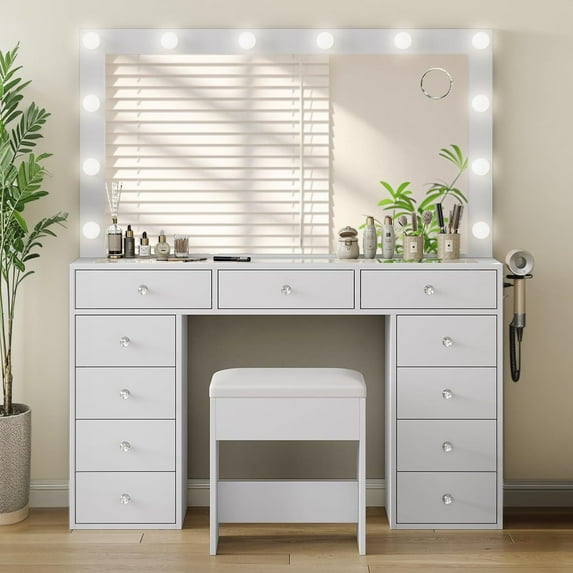 Vanity Desk with Lighted Mirror and Power Outlet, Makeup Table with 11 ...