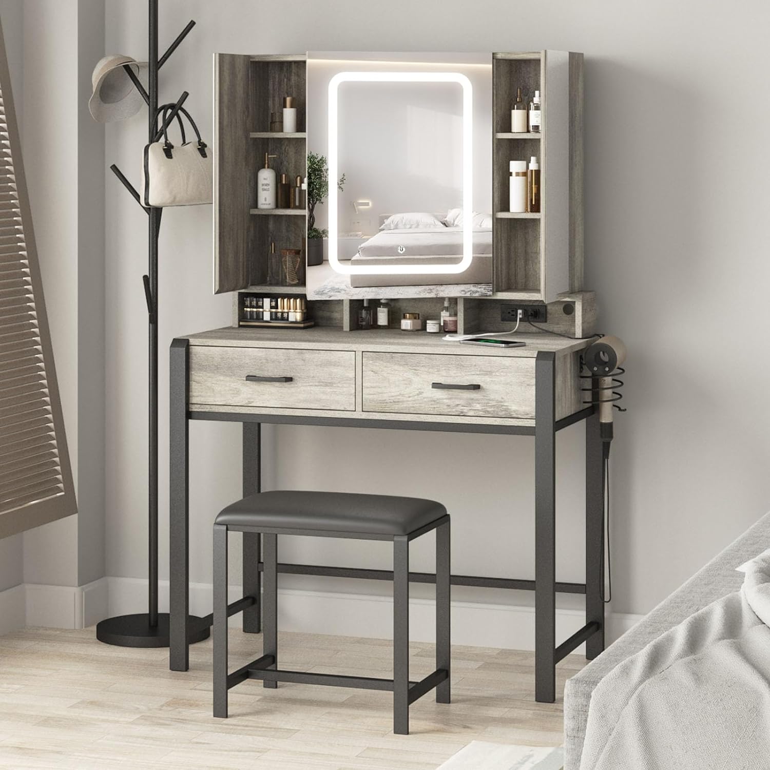Vanity Desk with Lighted Mirror and Power Strip,Tri-Fold Mirror Makeup Vanity Table with Lights ...