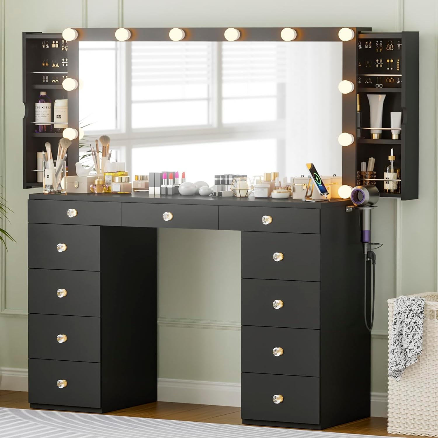 Vanity Desk with Lighted Mirror & Tempered Glass Tabletop - 47‘’ Large ...