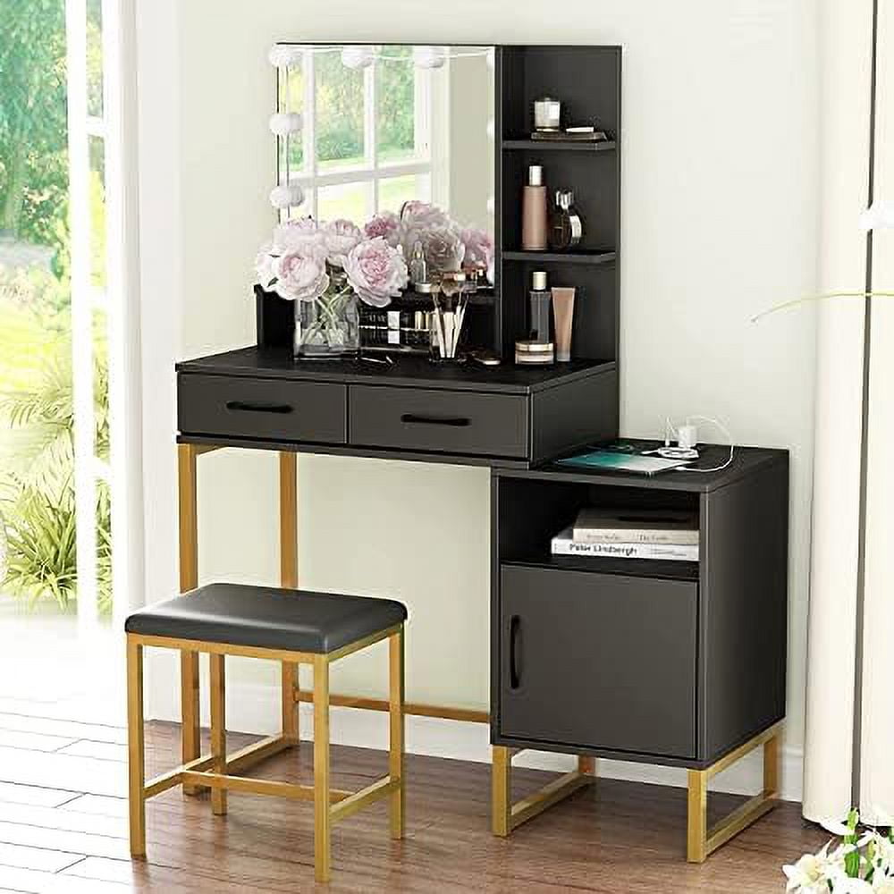 Vanity Desk with Lighted Mirror & Charging Station Black Vanity Table ...