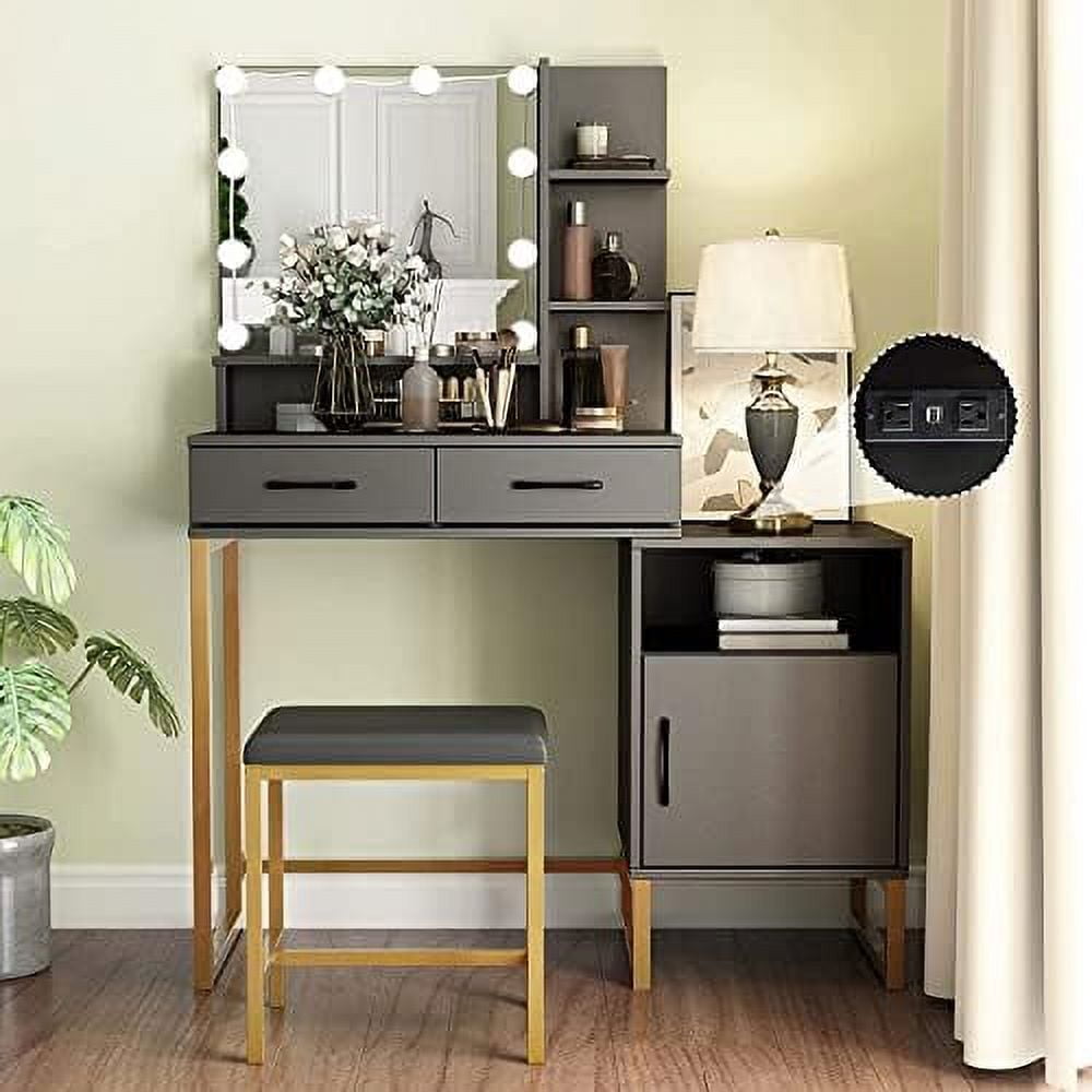 Vanity Desk with Lighted Mirror & Charging Station Black Vanity Table ...