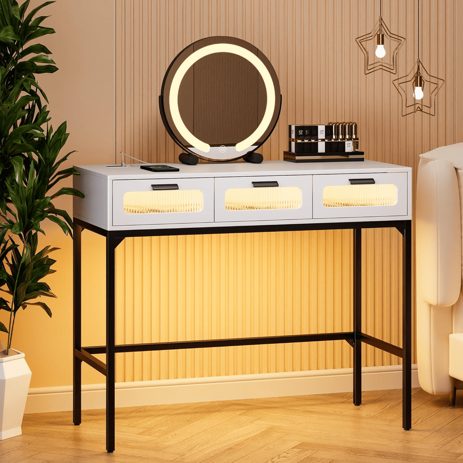 Vanity Desk with Lights 2-in-1 Contemporary Makeup Vanity Table Study ...