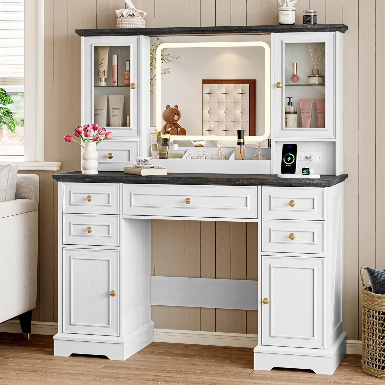 Vanity Desk with Lights, Large LED Mirror with 3 Color Modes, Makeup ...