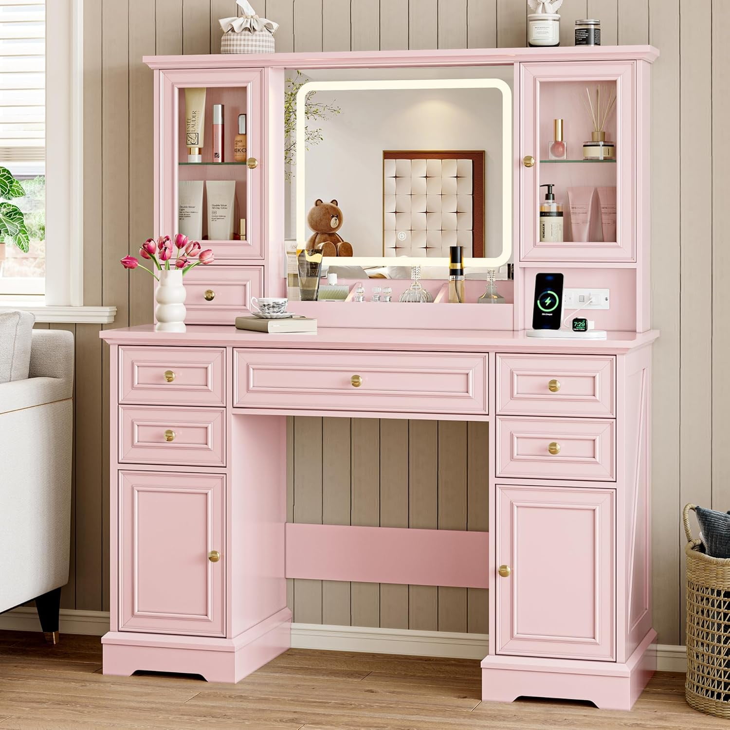 Vanity Desk with Lights, Large LED Mirror with 3 Color Modes, Makeup ...