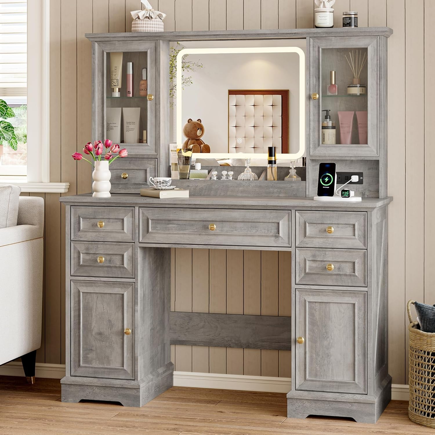 Vanity Desk with Lights, Large LED Mirror with 3 Color Modes, Makeup ...