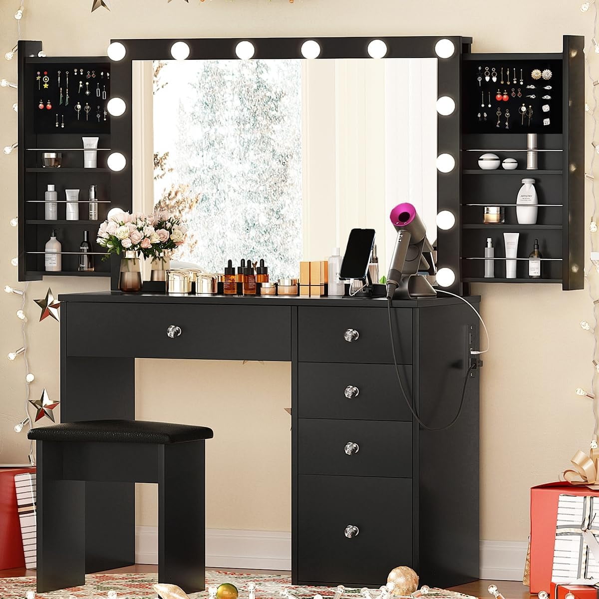 Vanity Desk with Lights Mirror Power Outlet and Stool, Makeup Vanity Table with Sliding Drawers ...