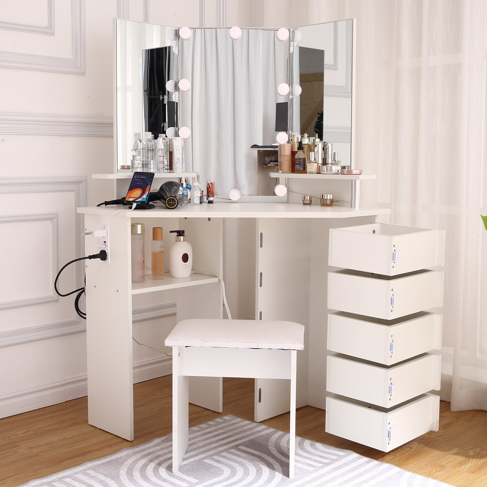 Vanity Desk with Lights & Power Outlet--Corner Vanity Table with 5 ...