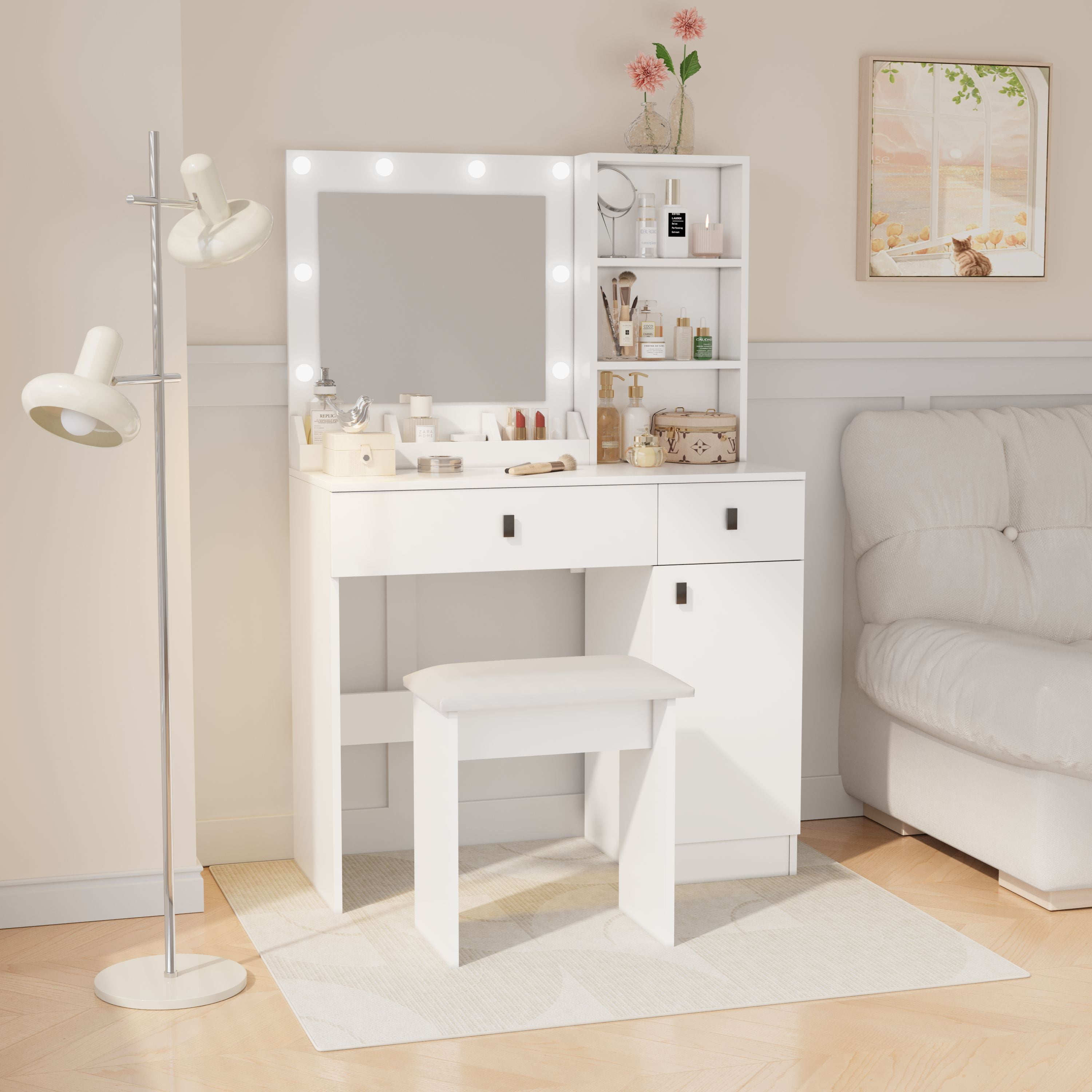 Vanity Desk with Lights, Vanity Set with Mirror, Makeup Vanity Desk with Large Drawers & Three ...