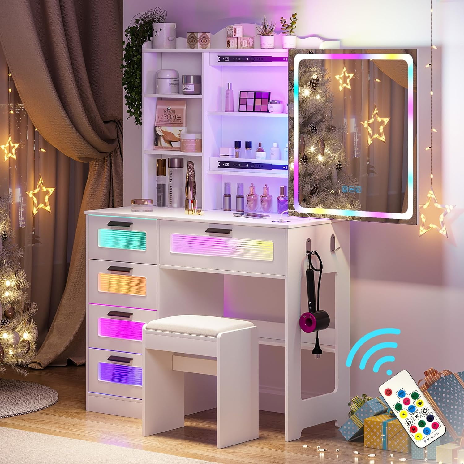 Vanity Desk with Lights and Sliding Vanity Mirror, Makeup Vanity Desk ...