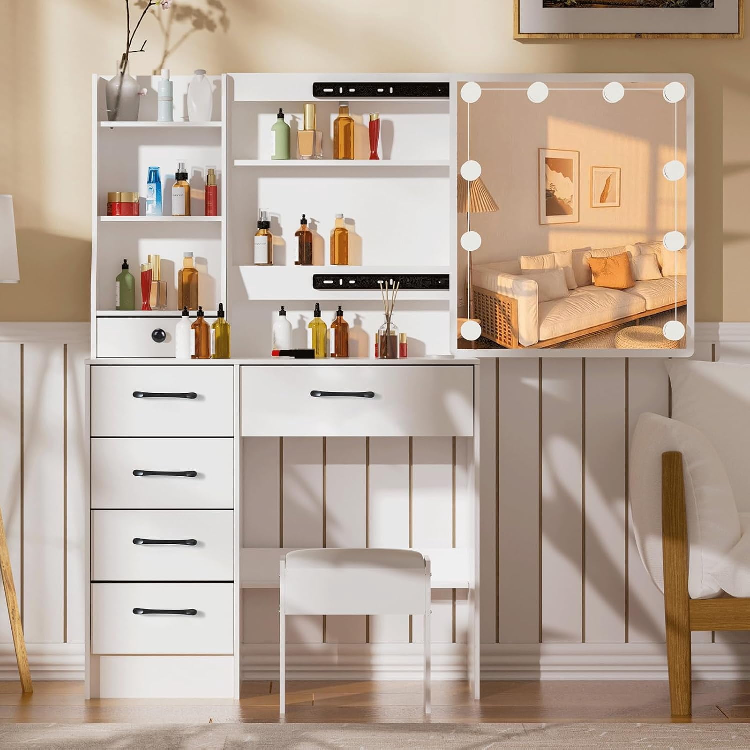 Vanity Desk Makeup Table Set with Lights, Dressing Table with Mirror ...