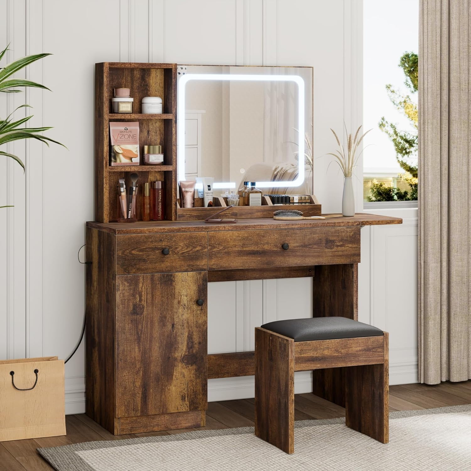 Vanity Desk, Makeup Vanity with Mirror, LED Light, 2 Drawers and ...