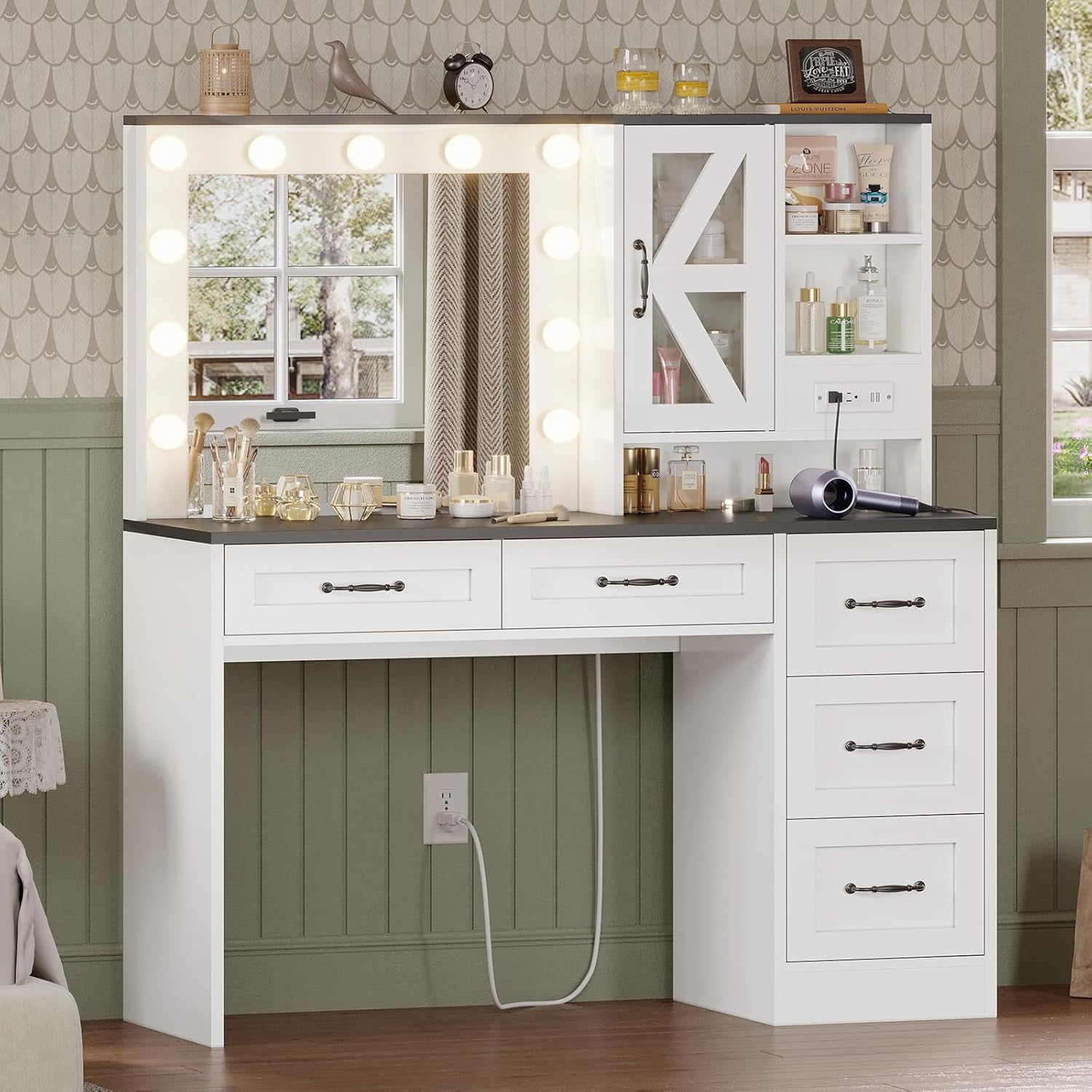 Vanity Desk with Mirror, 11 Hollywood Lights & Power Outlet, 43" Makeup ...