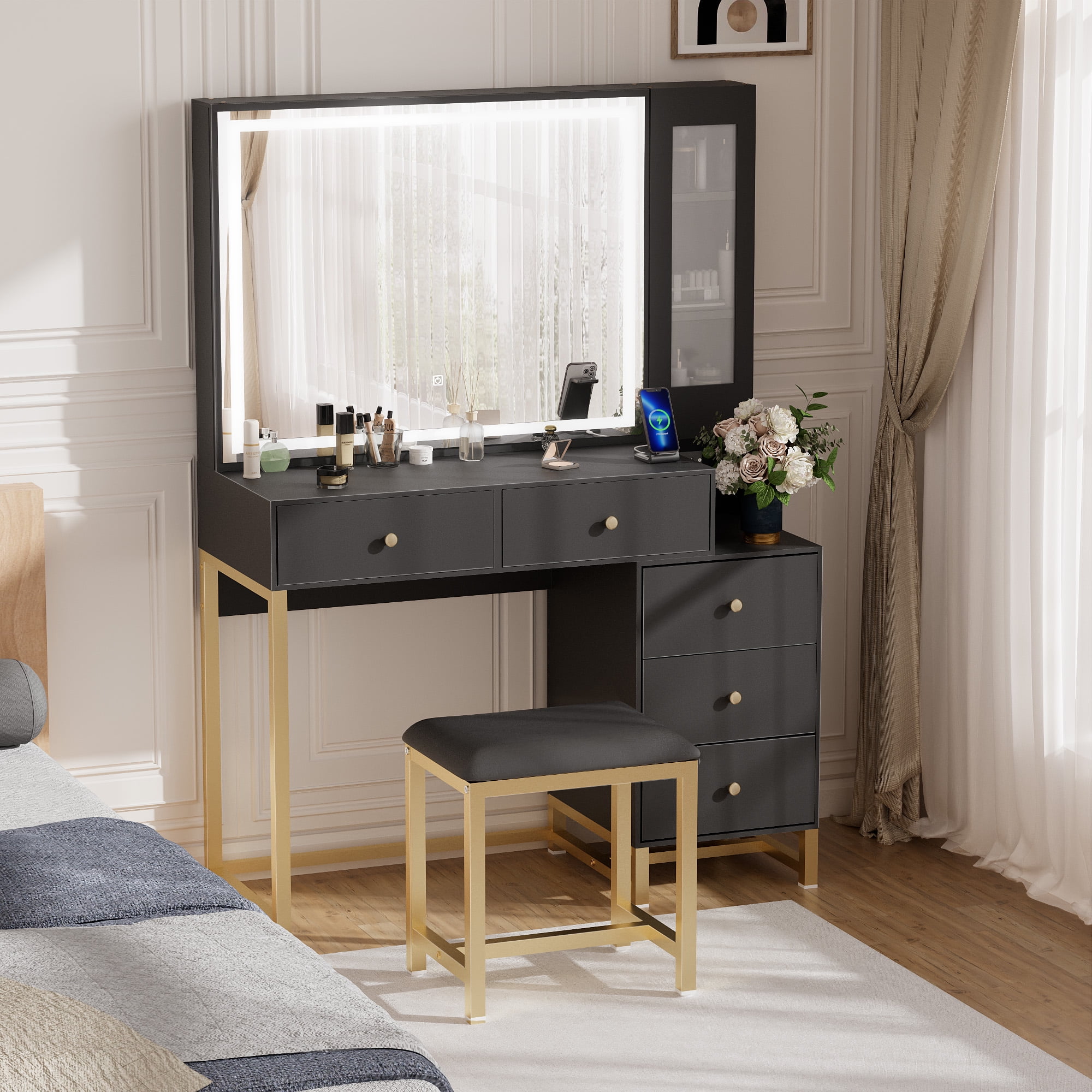 VERDALAY Vanity Desk with Mirror 5-Drawer Vanity Table with US Power ...