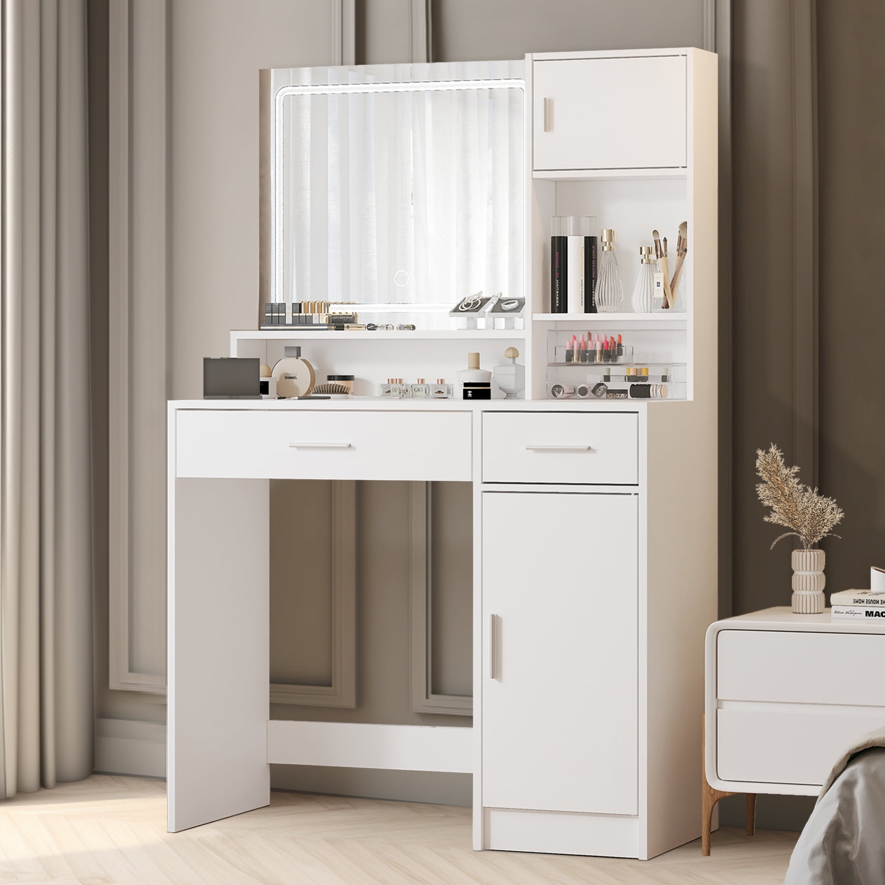 Vanity Desk with Mirror and LED Light, 3 Level Storage Dresser, 3 Color ...