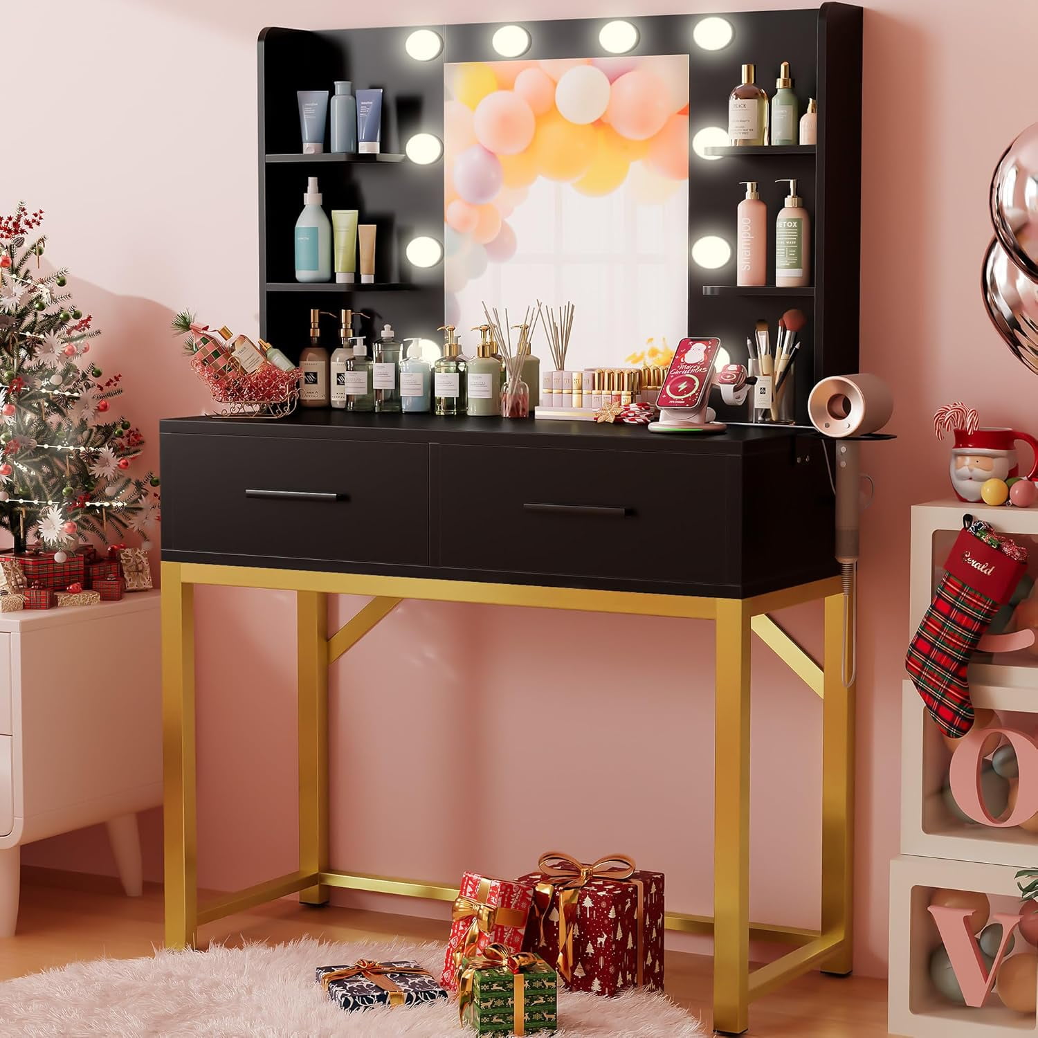 Vanity Desk with Mirror and LED Light Bulb, Small Makeup Vanity Table ...