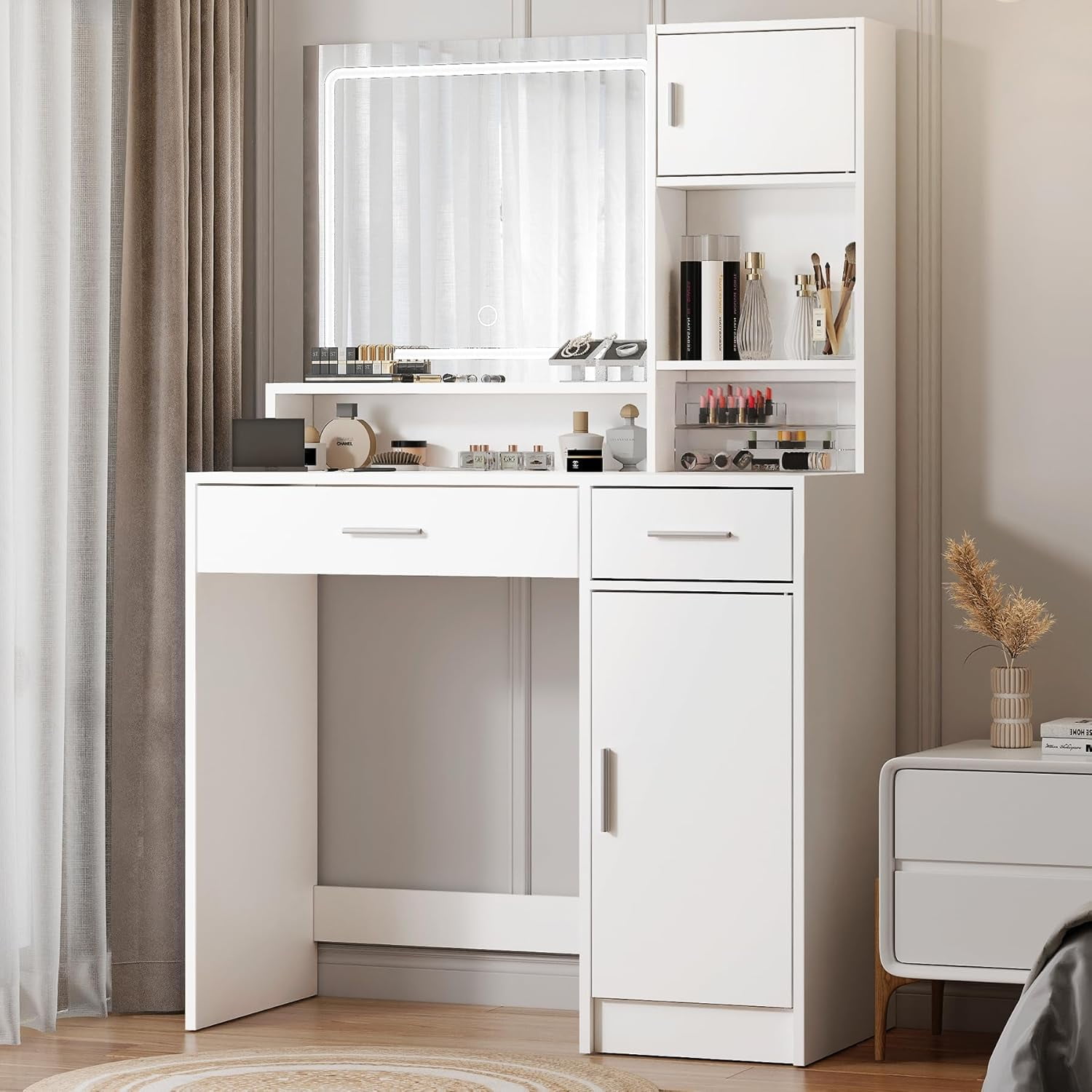 Vanity Desk with Mirror and LED Light Strip, Dressing Table with Large ...