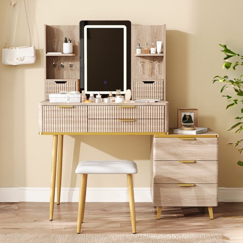 Vanity Desk with Mirror and LED Lights, 7-Drawer, Fluted Makeup Table ...