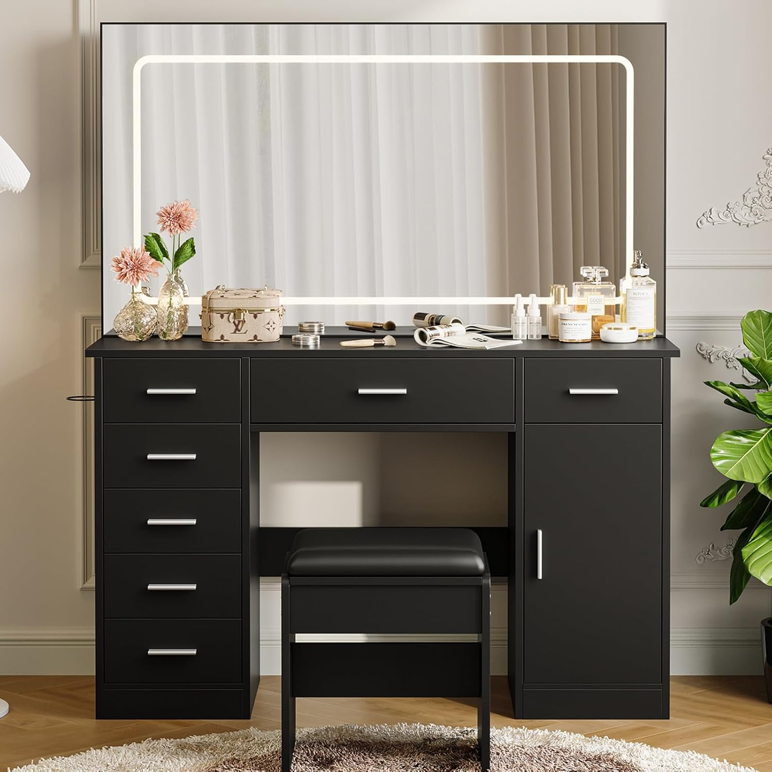 Vanity Desk with Mirror,LED Lights and Power Outlet Makeup Vanity Table ...