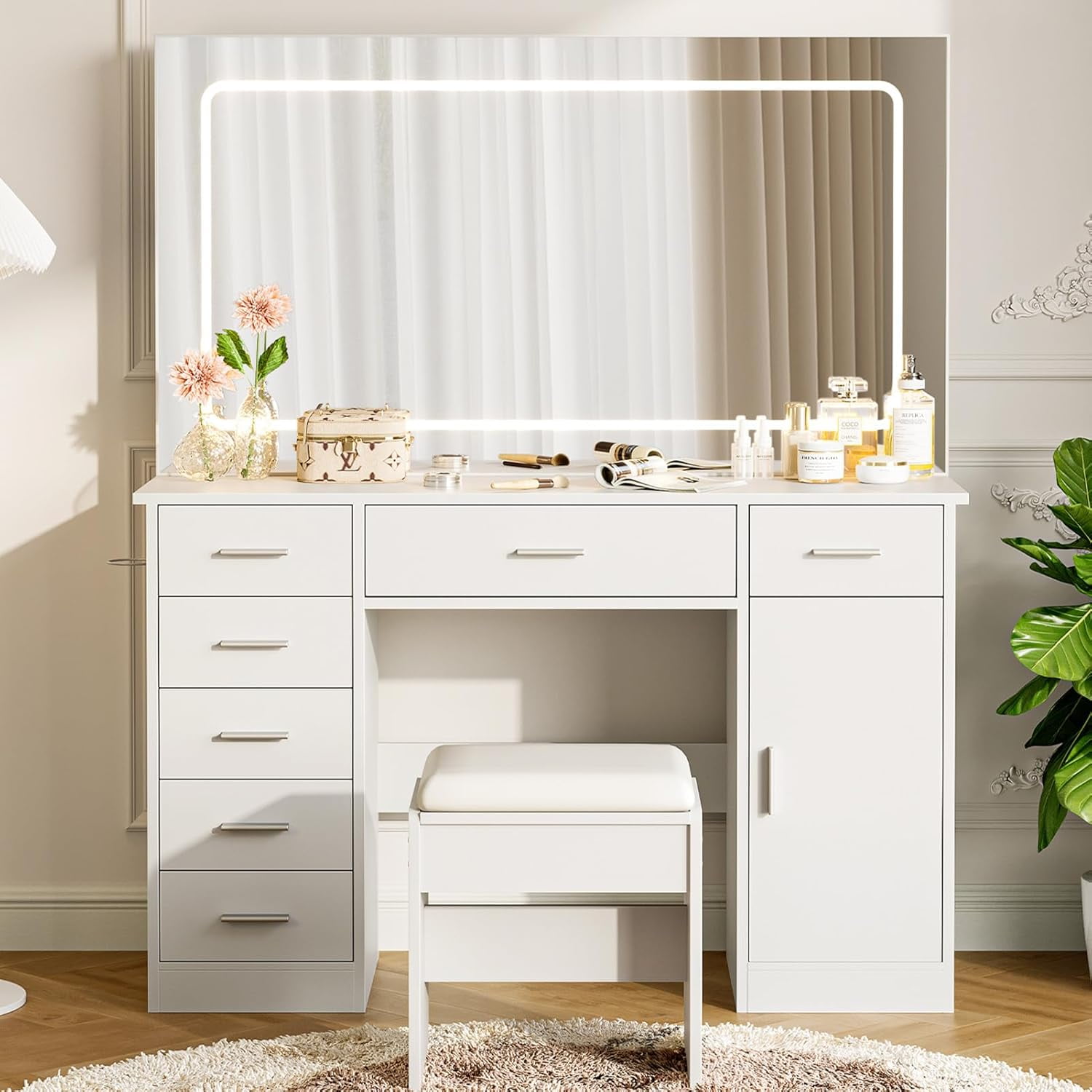 Vanity Desk with Mirror,LED Lights and Power Outlet Makeup Vanity Table ...