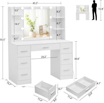 Vanity Desk with Mirror, Led Lights, Power Outlet and Stool, Makeup ...
