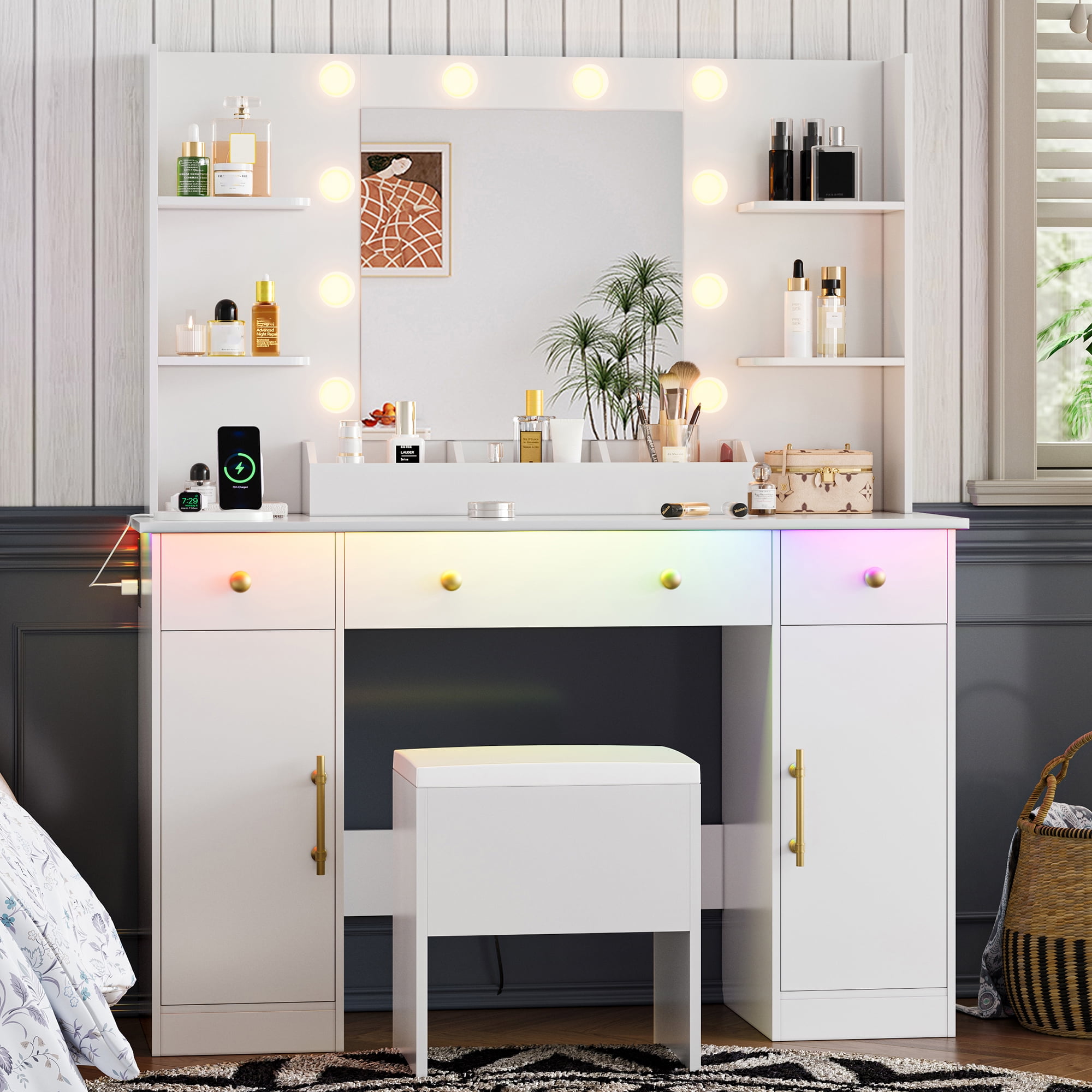 Vanity Desk with Mirror and Lights, 43'' Makeup Dressing Table Set with ...