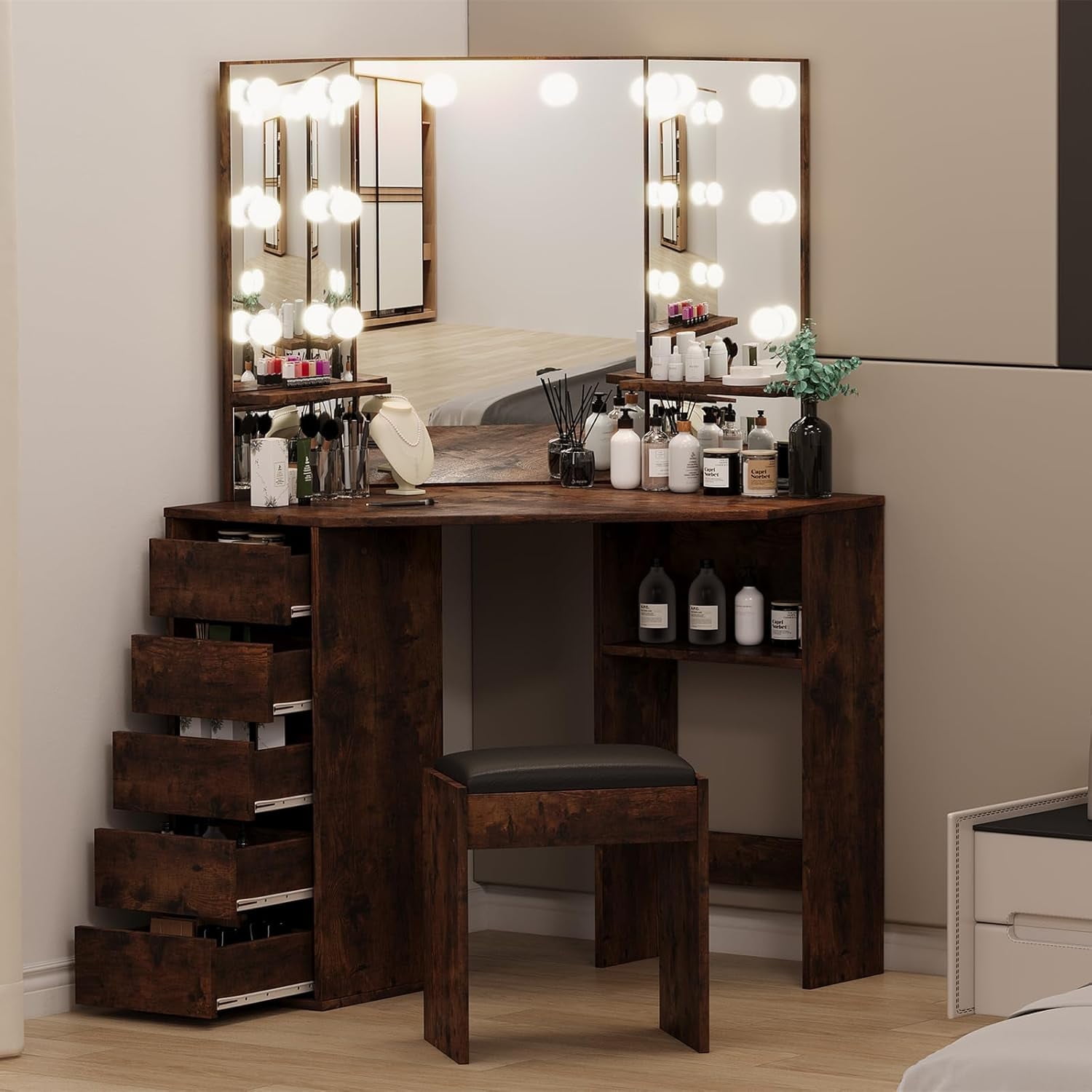 Vanity Desk with Mirror and Lights, 44'' Tri-Fold Lighted Vanity Table with Adjustable ...
