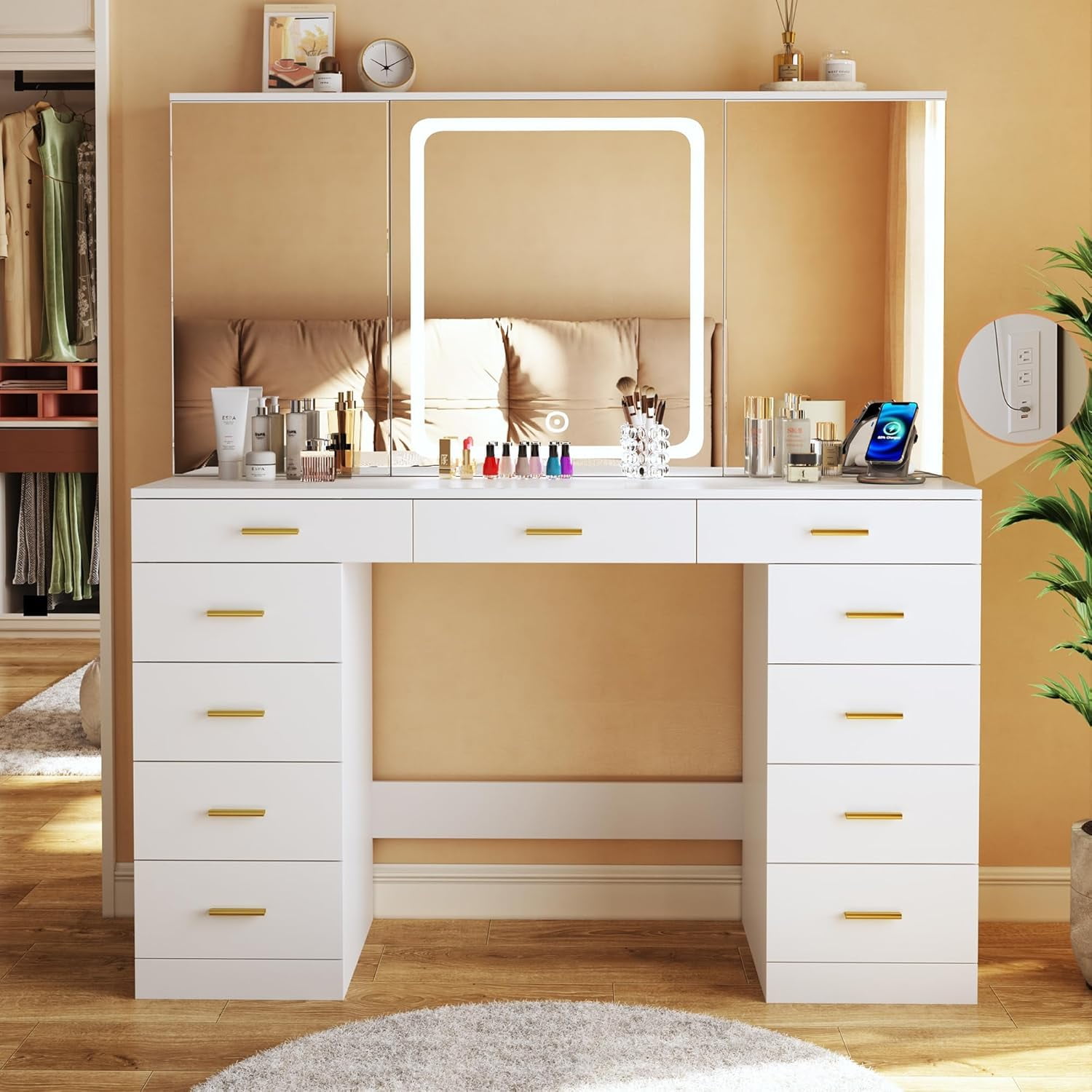 Vanity Desk with Mirror and Lights, 47.2" Makeup Vanity with 11 Storage ...