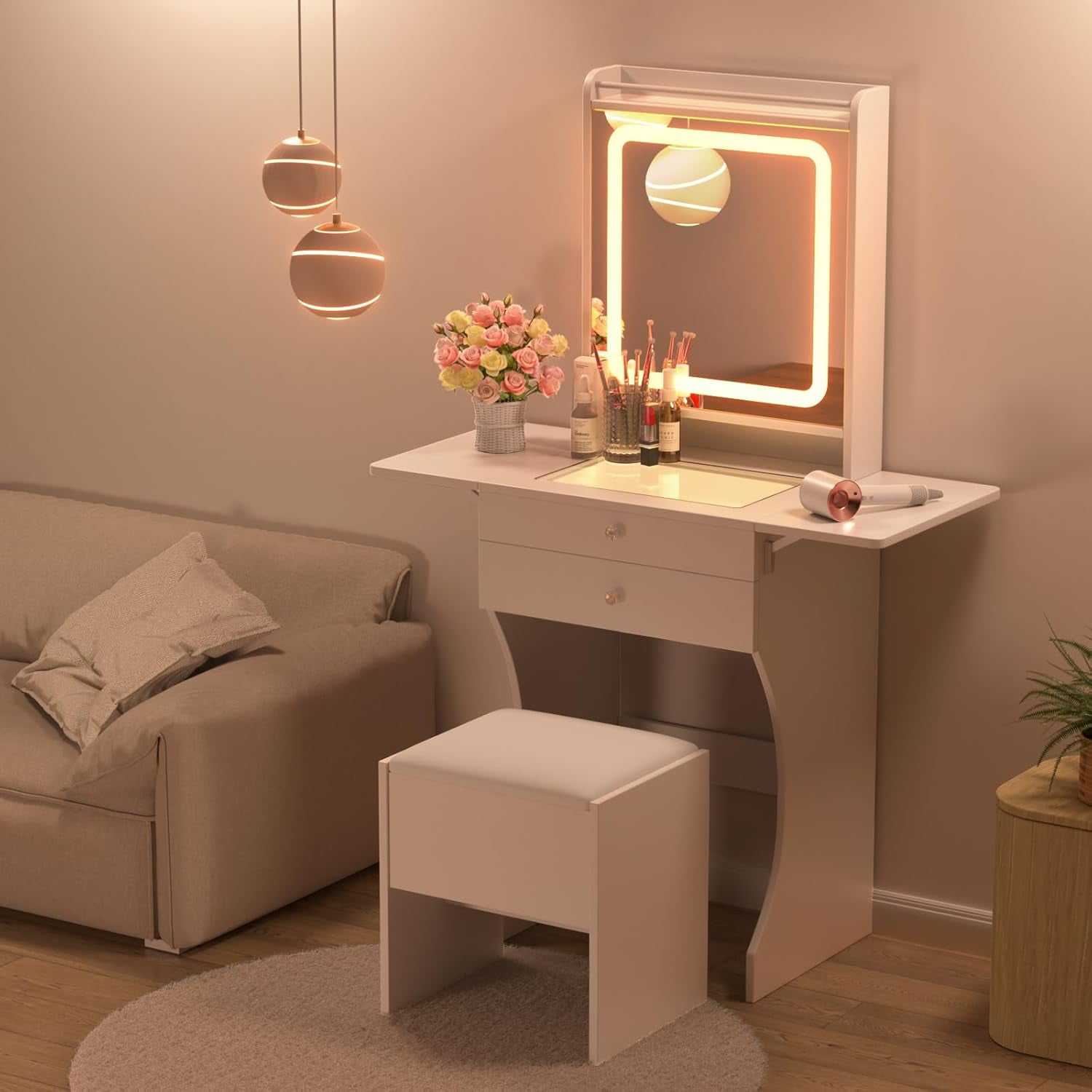 Vanity Desk with Mirror and Lights and Chair | Makeup Vanity with ...