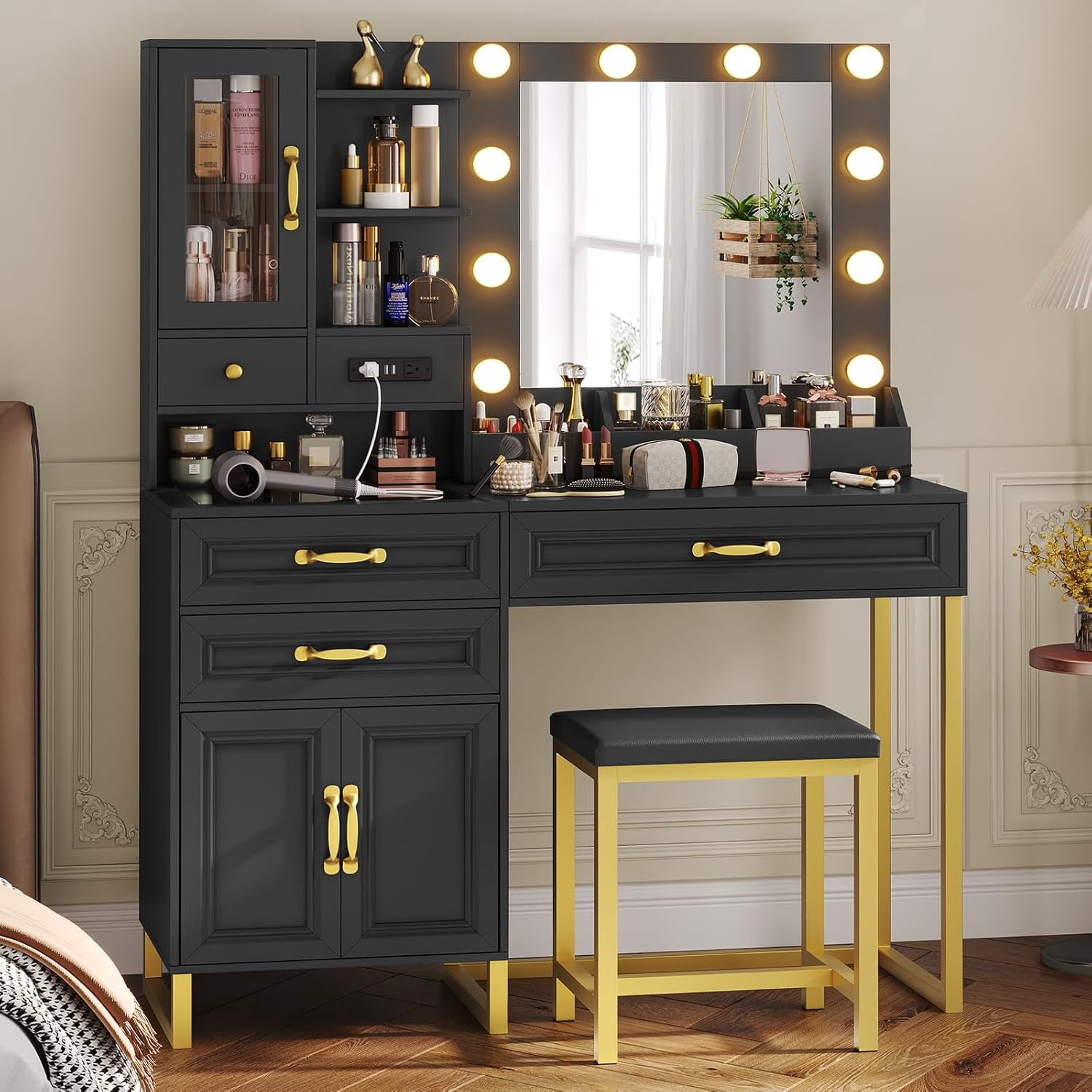 Vanity Desk with Mirror and Lights & Charging Station & Makeup Stool ...