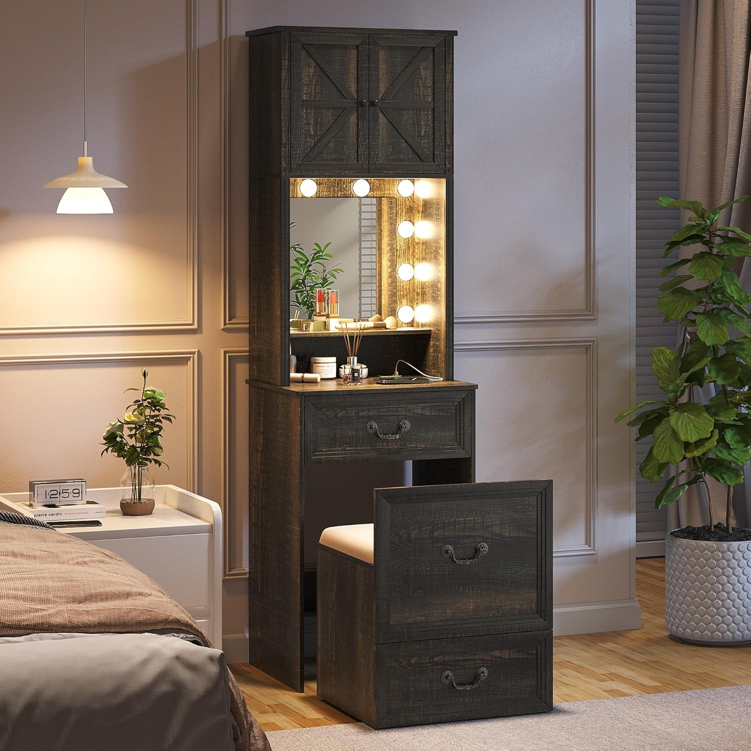 Vanity Desk with Mirror and Lights, Compact Makeup Table w/Storage ...