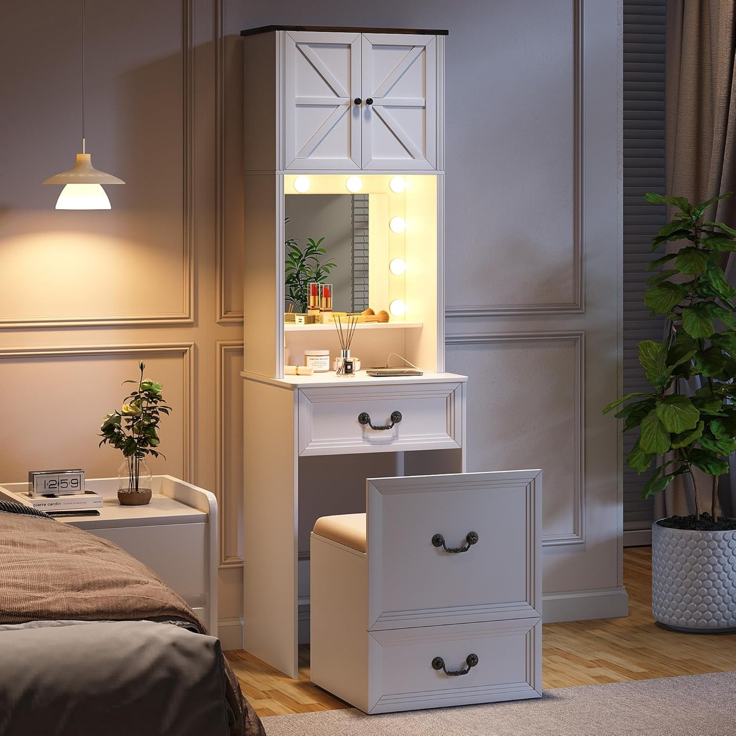 Vanity Desk with Mirror and Lights, Compact Makeup Table w/Storage ...