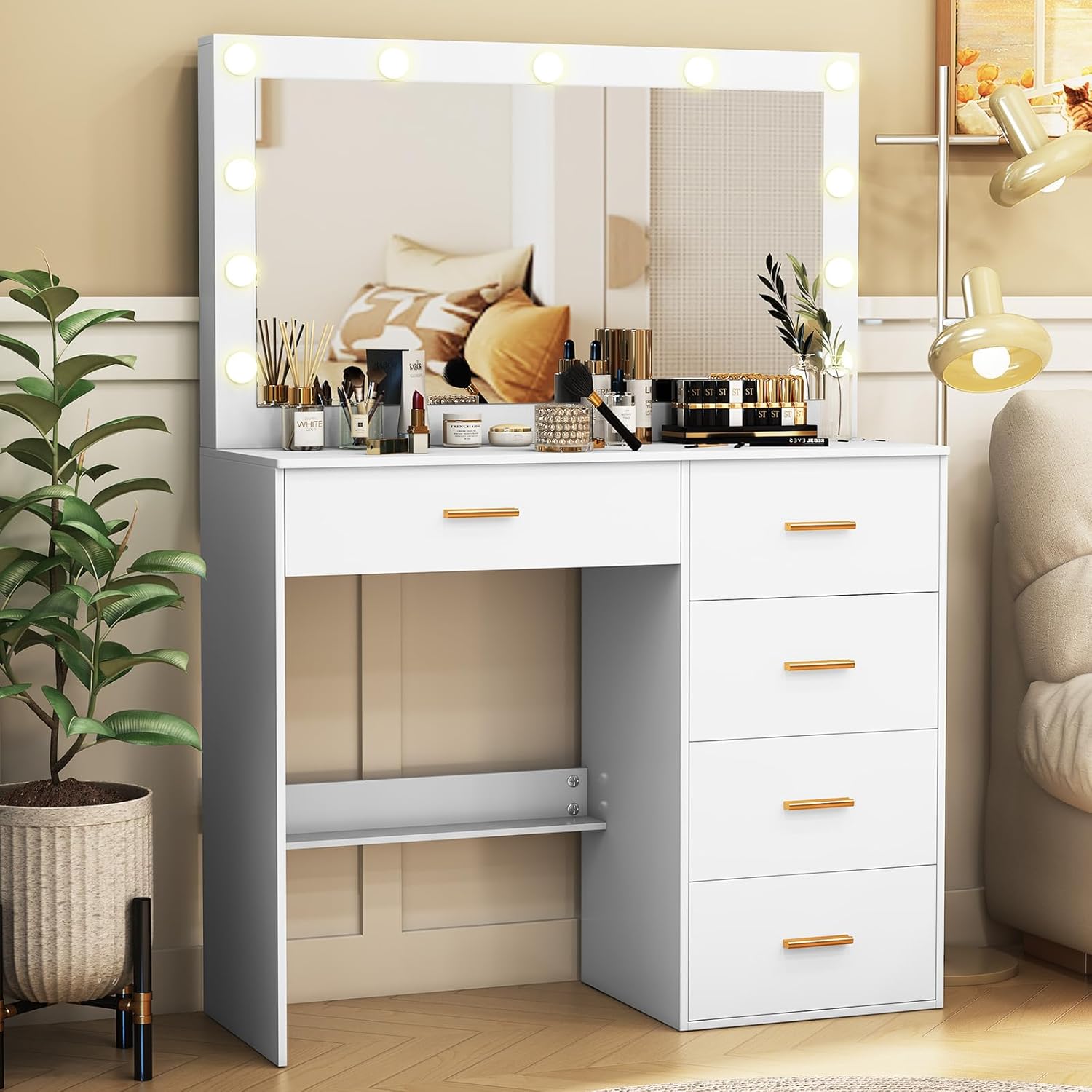 Vanity Desk with Mirror and Lights, Dressing Table with Drawers, 3 ...