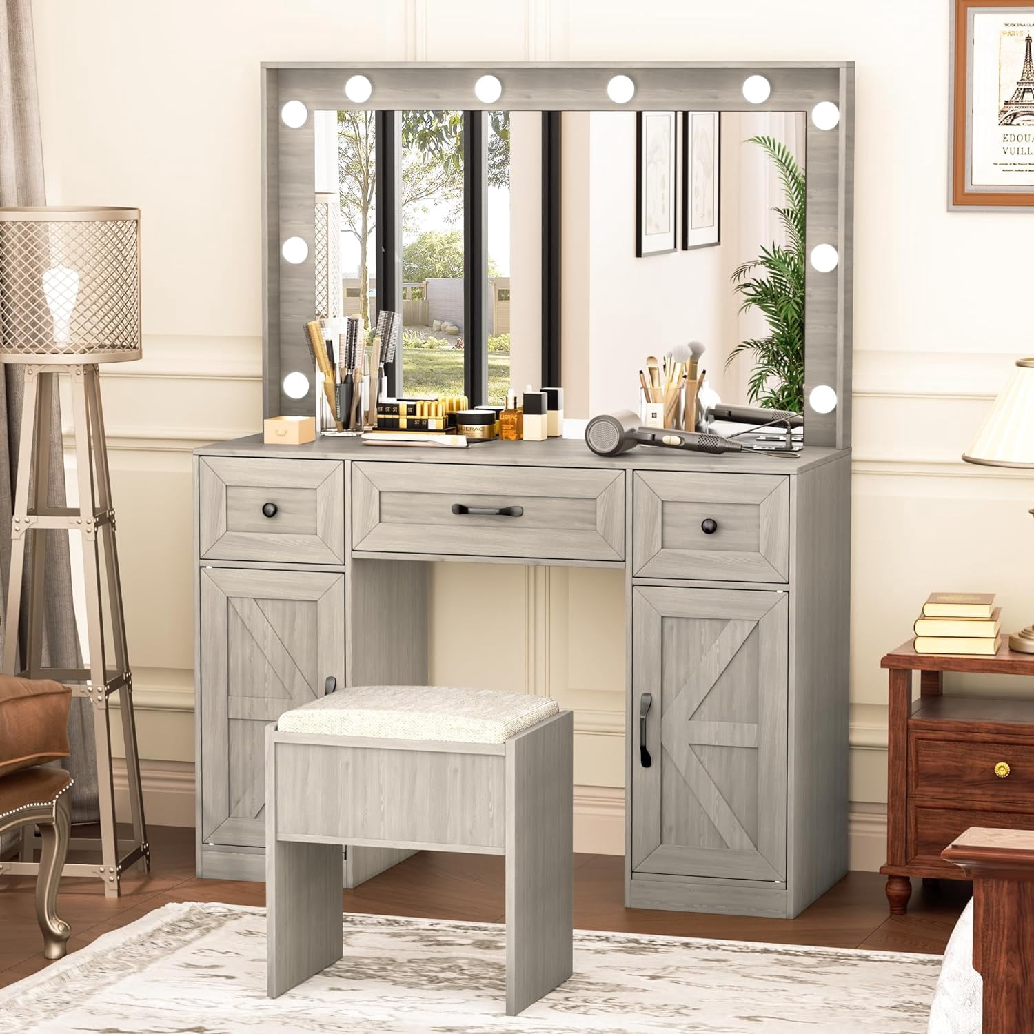 Vanity Desk with Mirror and Lights,Farmhouse Vanity Mirror with Lights ...