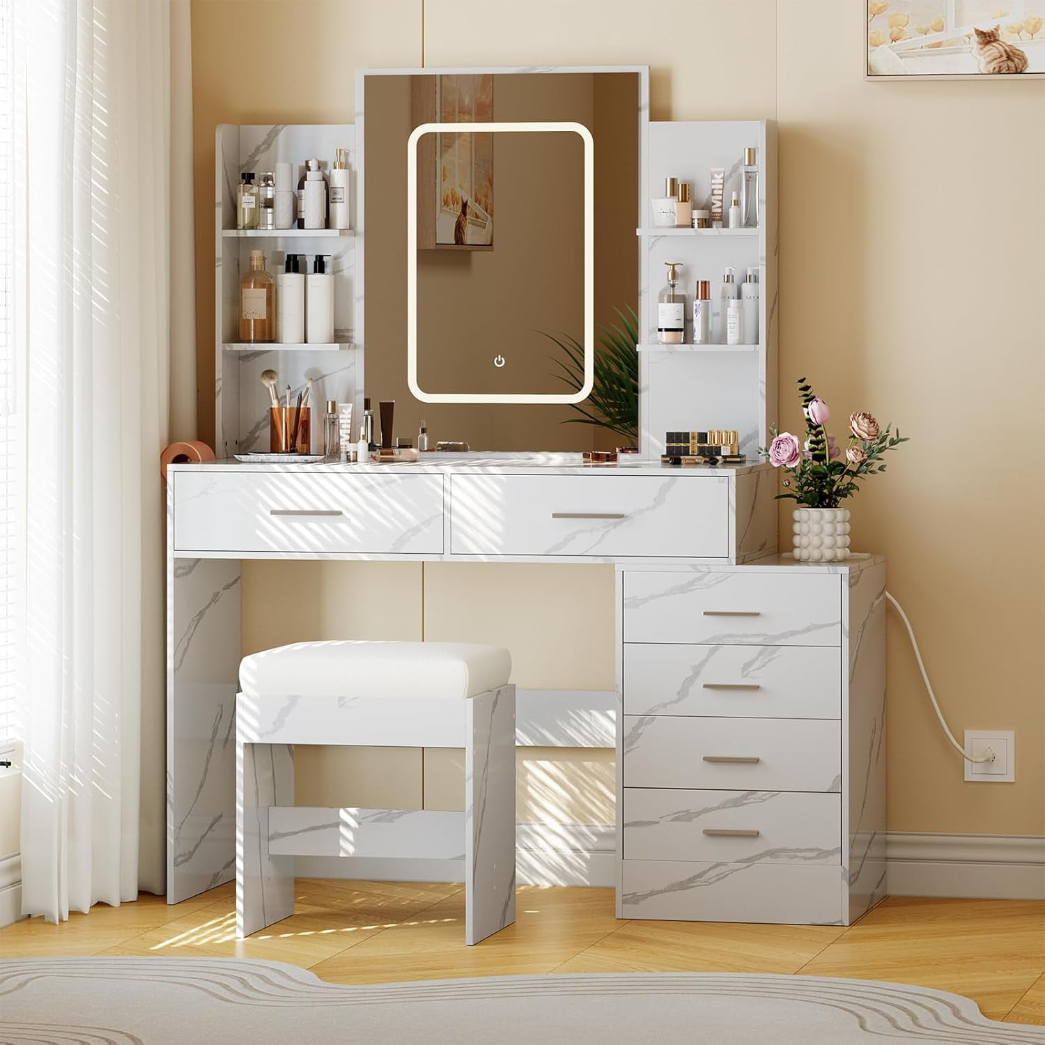 Vanity Desk with Mirror and Lights,Home Makeup Vanity Set with 6 ...