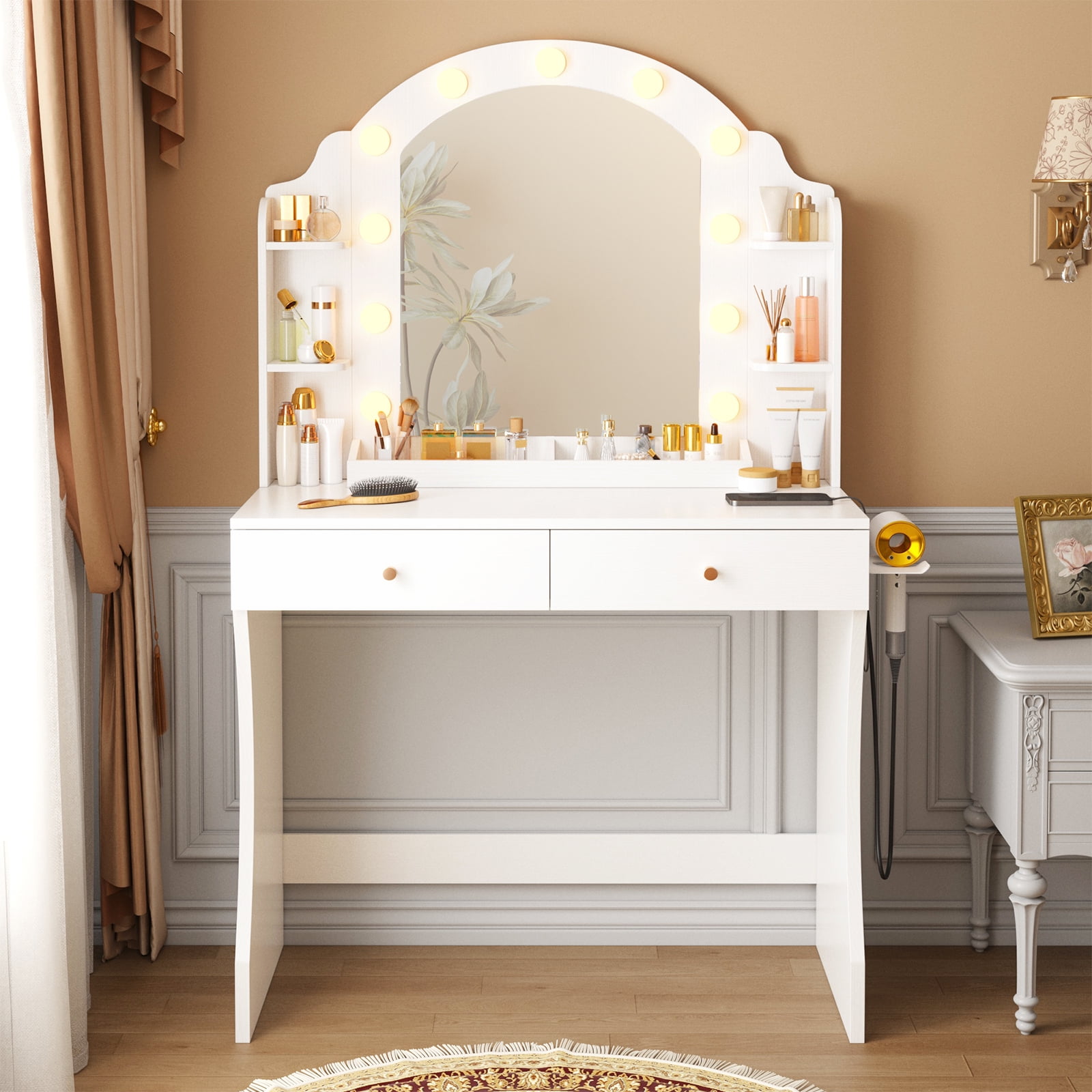 Vanity Desk with Mirror and Lights, Makeup Vanity with 2 Drawers and 6 ...