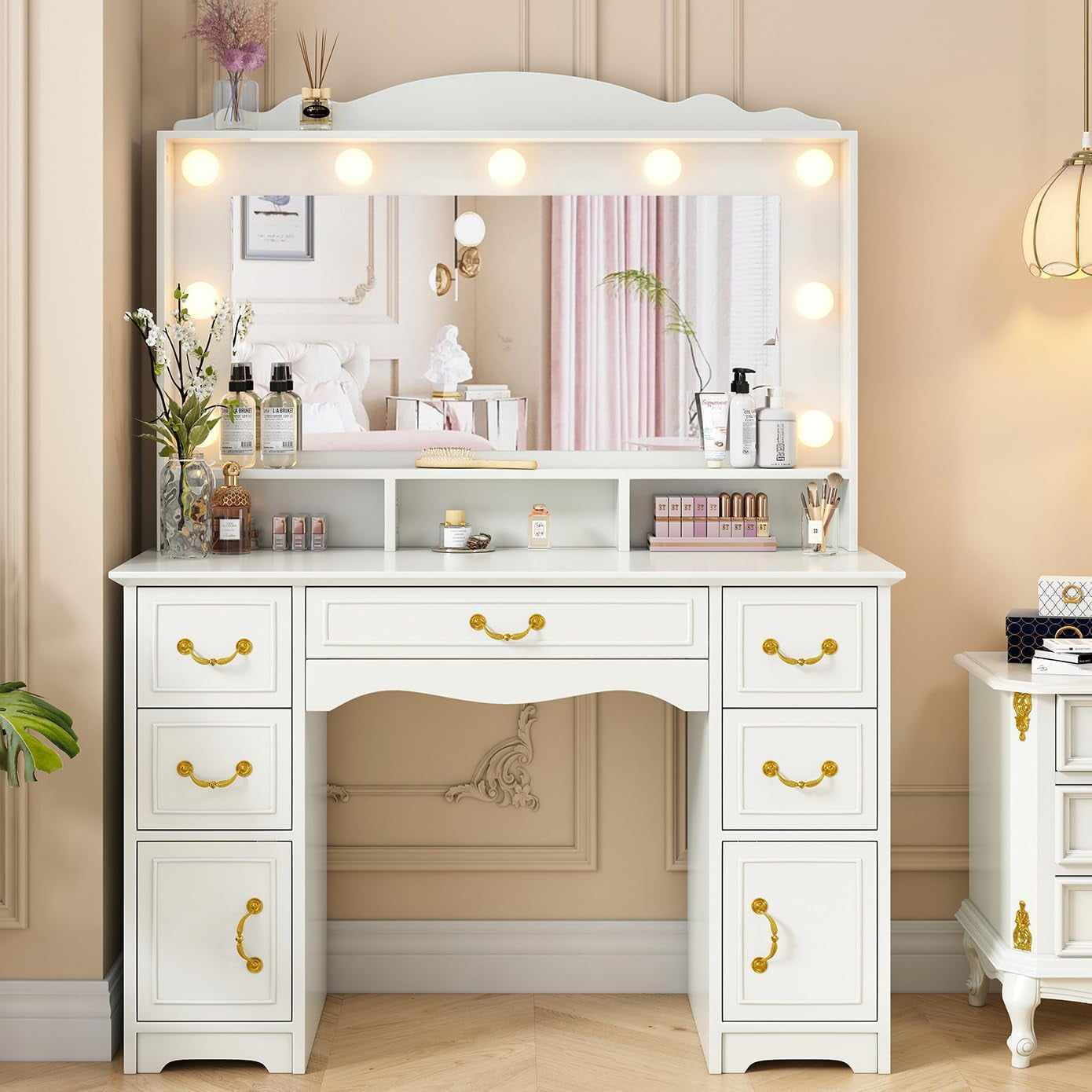 Vanity Desk with Mirror and Lights-Large Makeup Vanity Table with Power ...