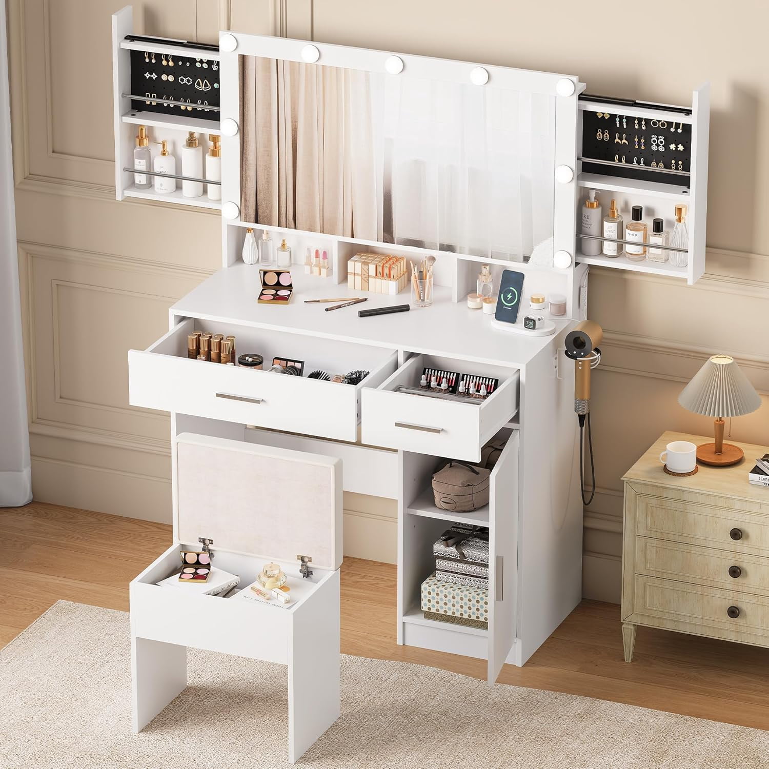 Vanity Desk with Mirror and Lights, Makeup Table with Large Drawers and ...