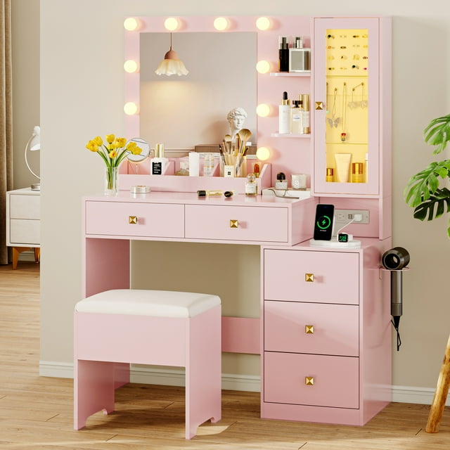 Vanity Desk with Mirror and Lights, Makeup Vanity with 5 Drawers Hidden ...