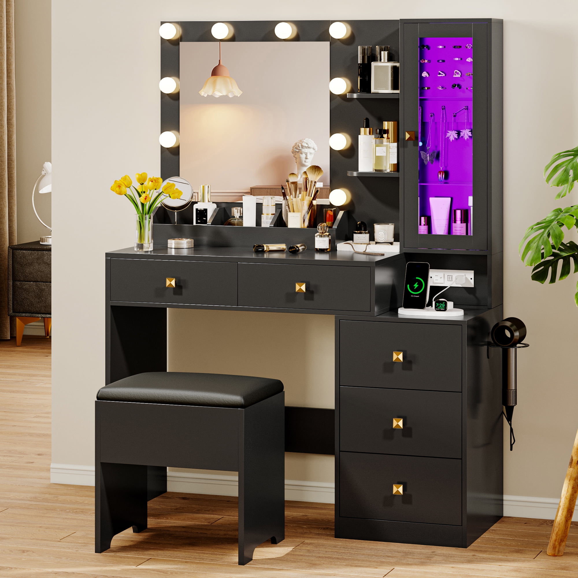 Vanity Desk with Mirror and Lights, Makeup Vanity with 5 Drawers Hidden ...