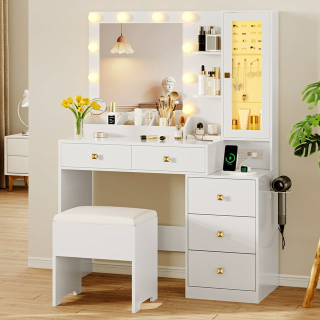 Vanity Desk with Mirror and Lights, Makeup Vanity with 5 Drawers Hidden ...