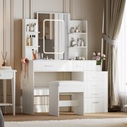 Aunfebrco White Vanity Desk Makeup Vanity Table with Mirror and Lights ...