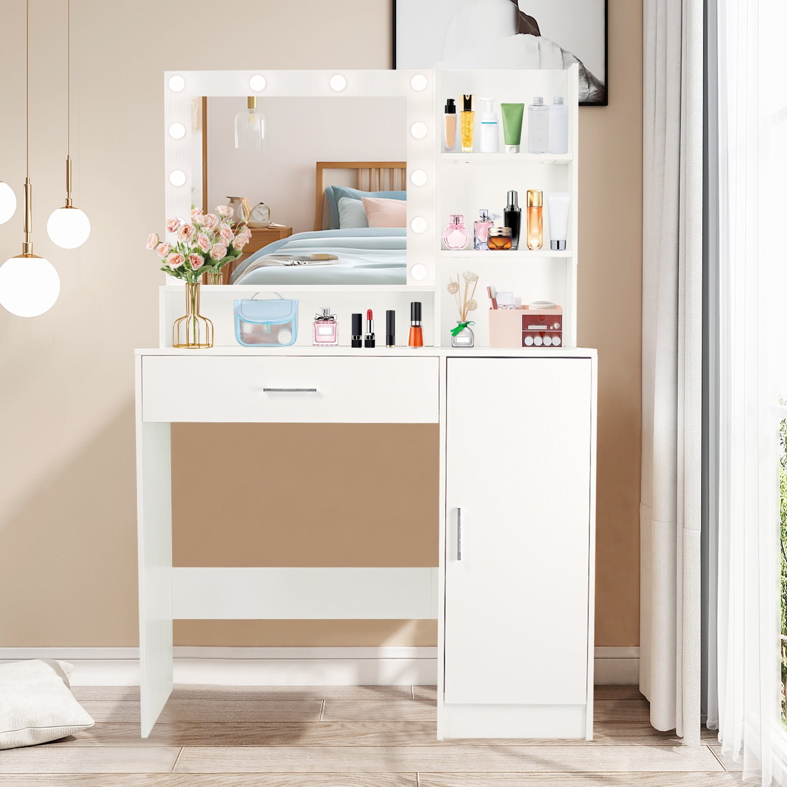 Vanity Desk with Mirror and Lights, Makeup Vanity with Drawer & Storage ...