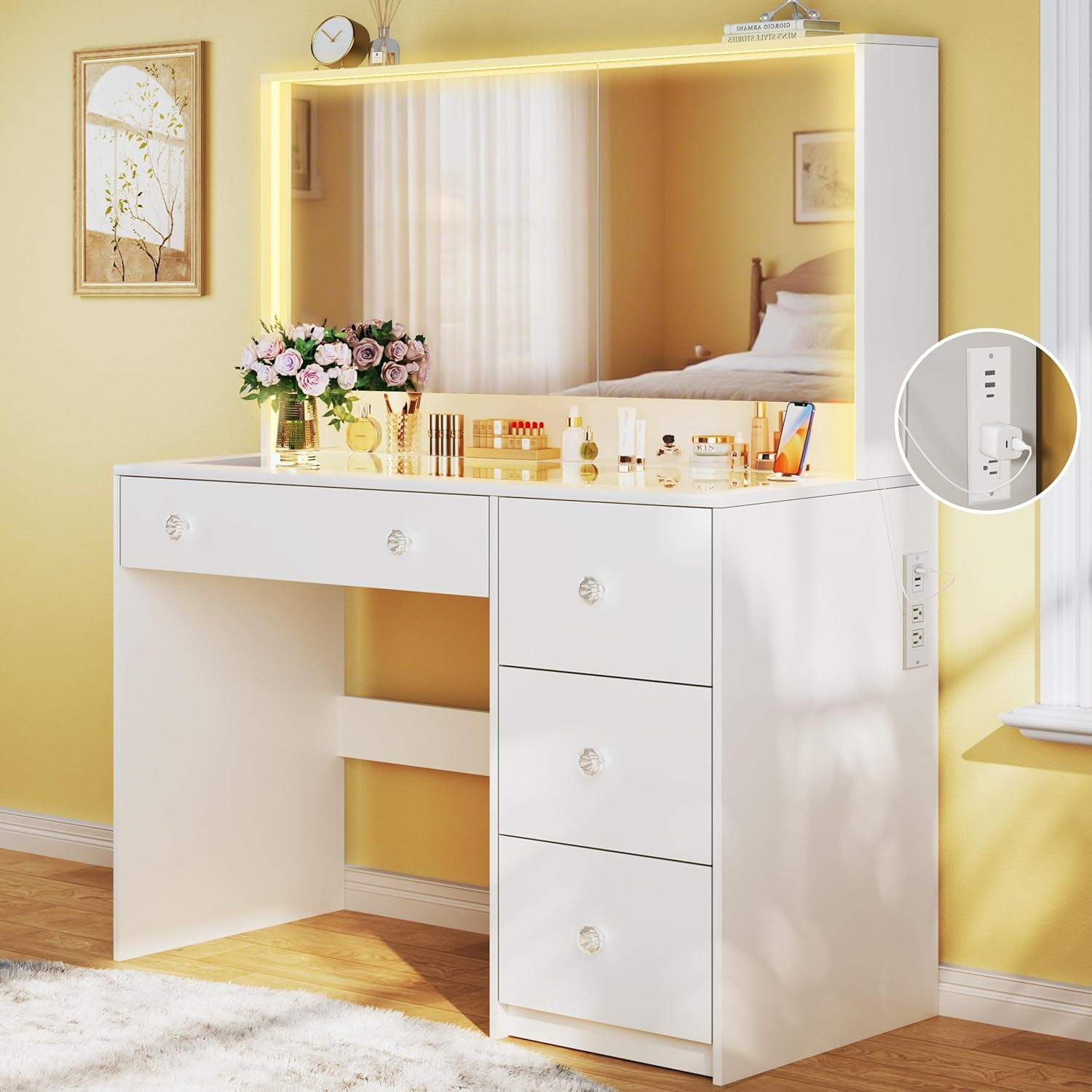Vanity Desk with Mirror and Lights, Makeup Vanity with Glass Top ...